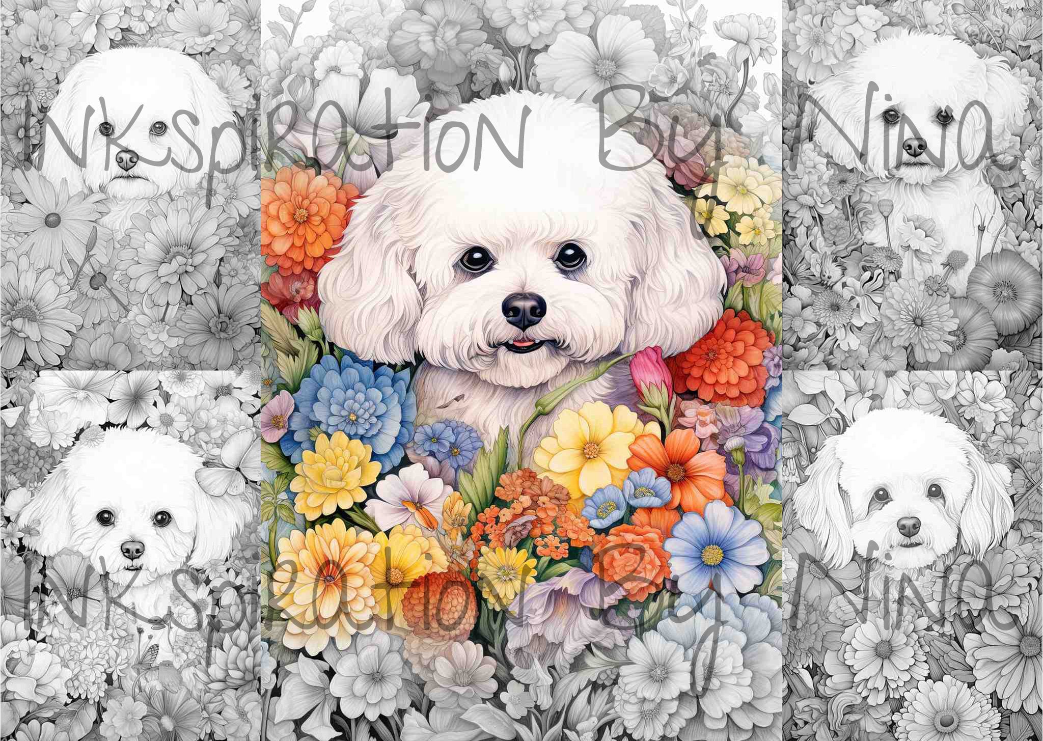 Bichon Frise in Flowers Coloring Book, 20 Detail Greyscale Adult & Kids ...