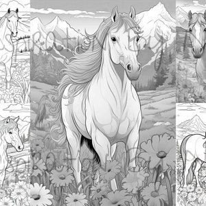 Horse on A Flower Meadow Field Coloring Pages, 25 Premium Adult Kids ...