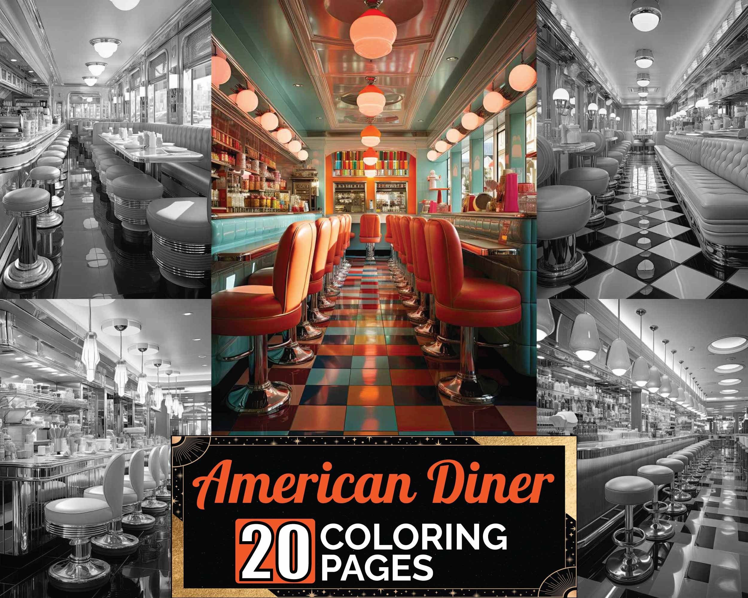 Retro American Diner Coloring Book, 20 Detail Greyscale Adult ...