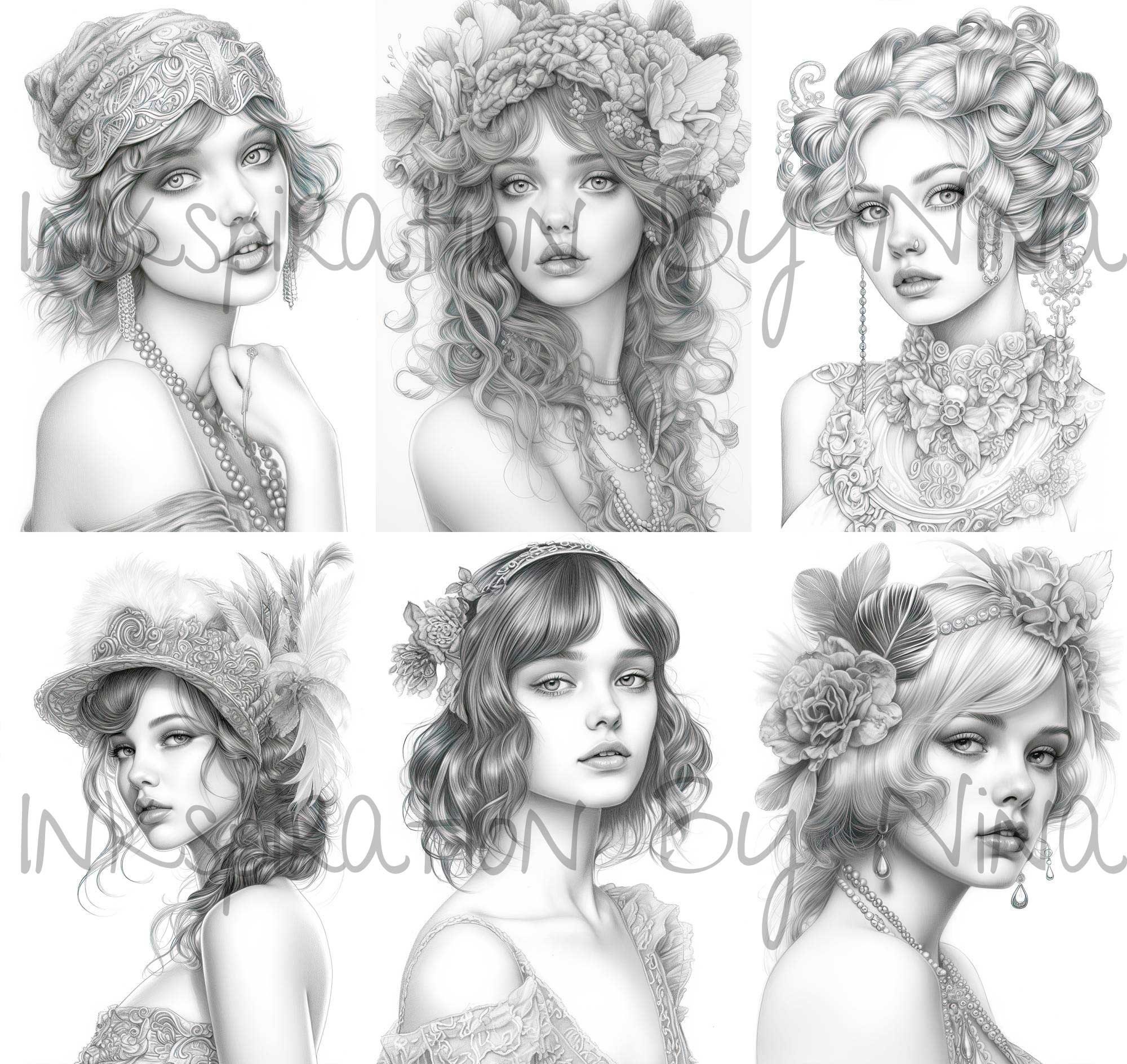 1920s Rich Woman Coloring Book, 20 Greyscale Adult & Kids Dog Detail ...