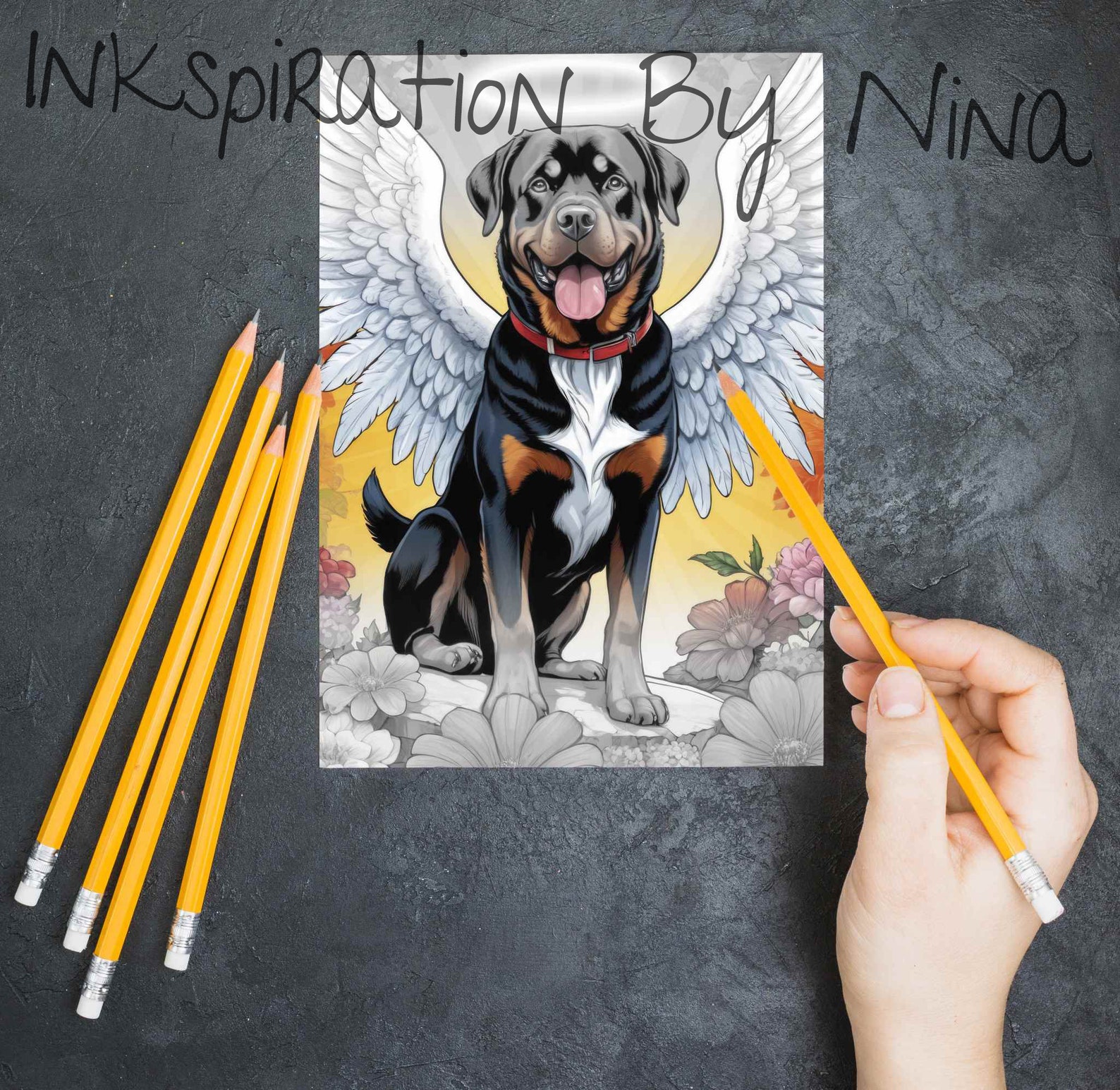 Rottweiler Angel Coloring Book, 30 Detail Greyscale Adult & Kids Good ...