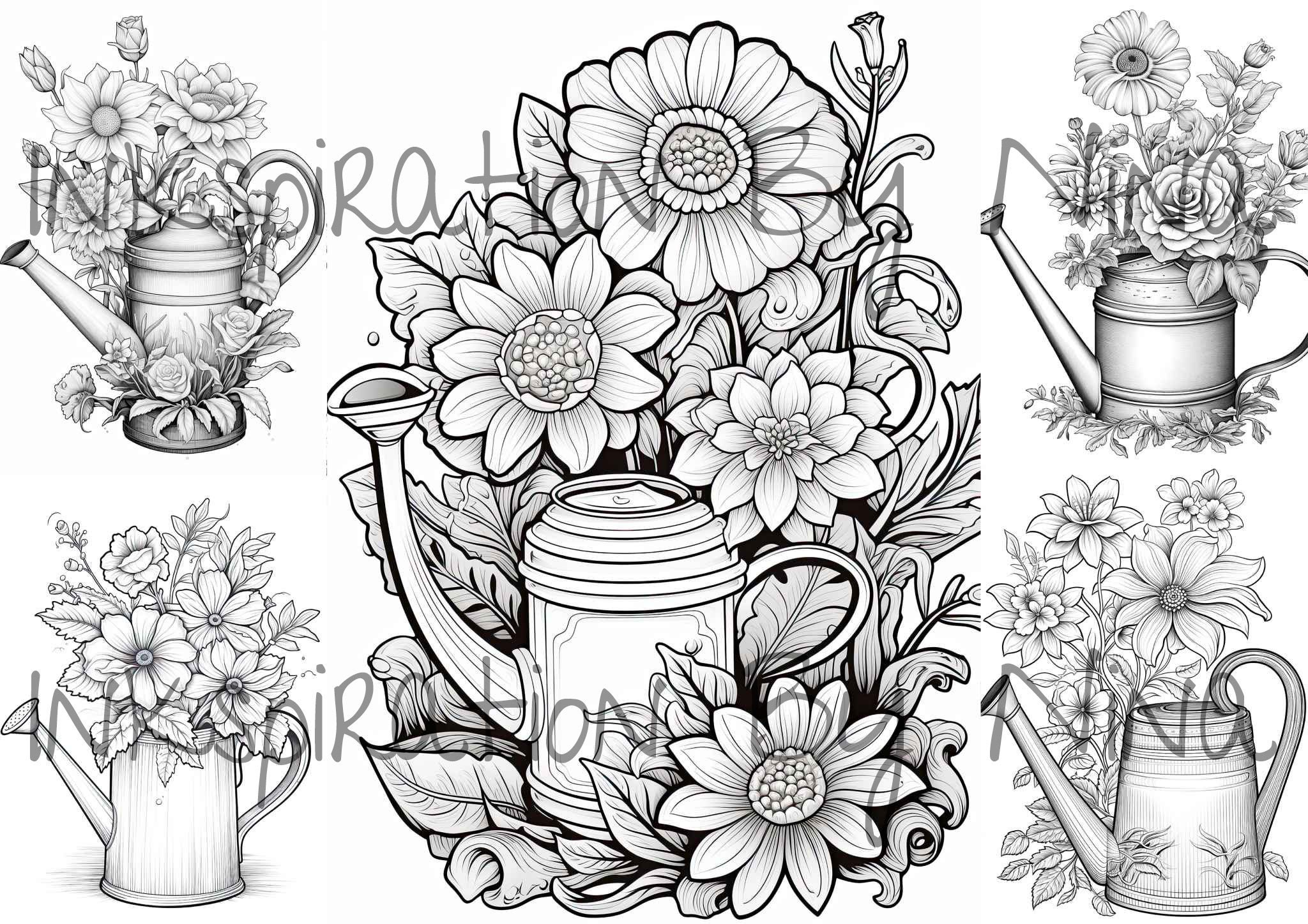 Flower Watering Can Coloring Book, 20 Detail Greyscale Adult & Kids ...