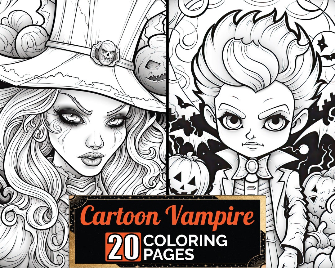 Cartoon Halloween Vampires Coloring Book, 20 Detail Greyscale Adult ...
