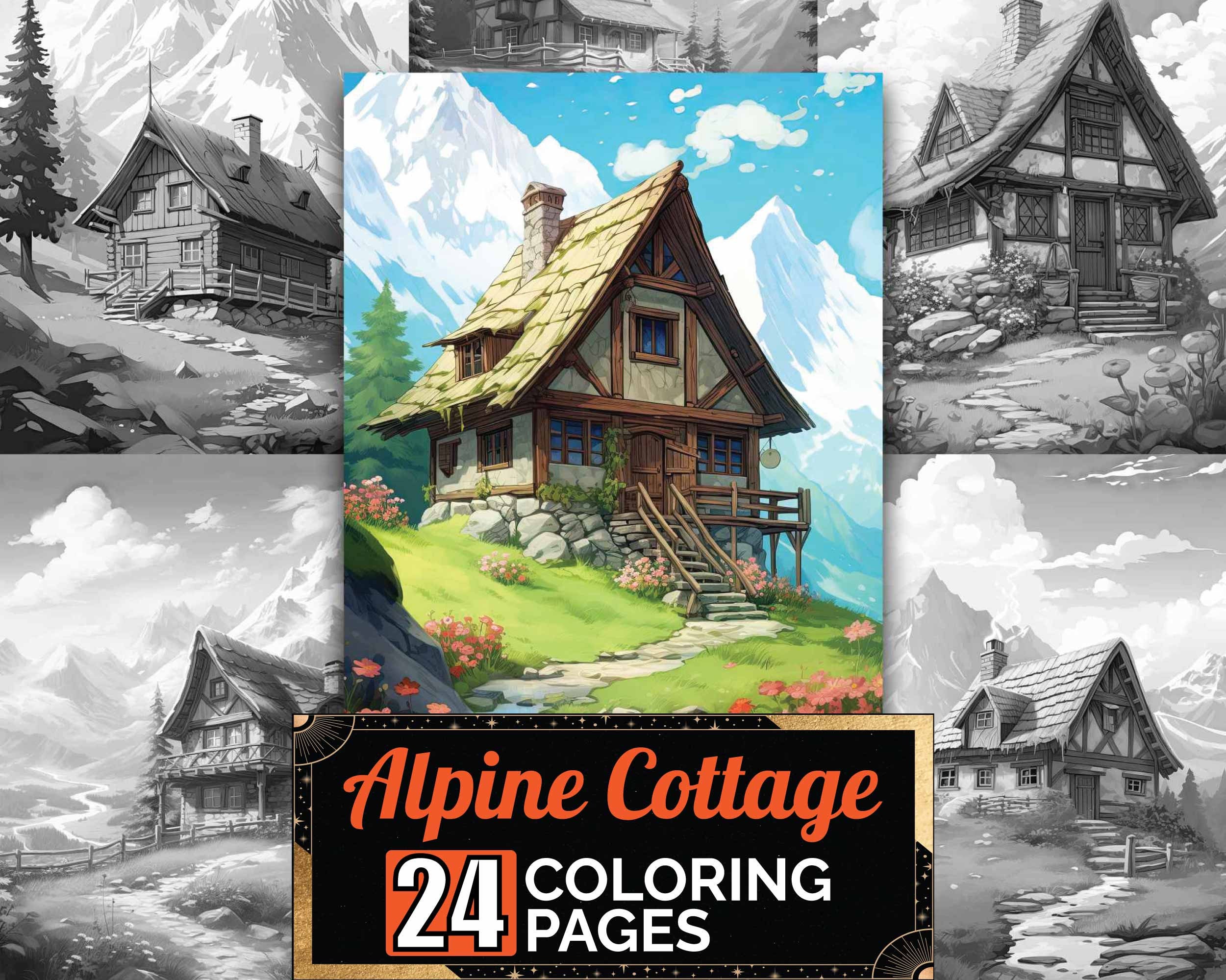 Alpine Mountain Cottage Coloring Pages 24 Premium Adult Kid - Etsy