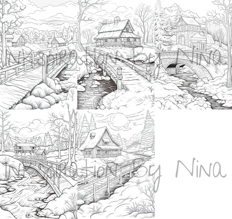 Wooden Bridge on Frozen River Coloring Book, 23 Detail Greyscale Adult ...