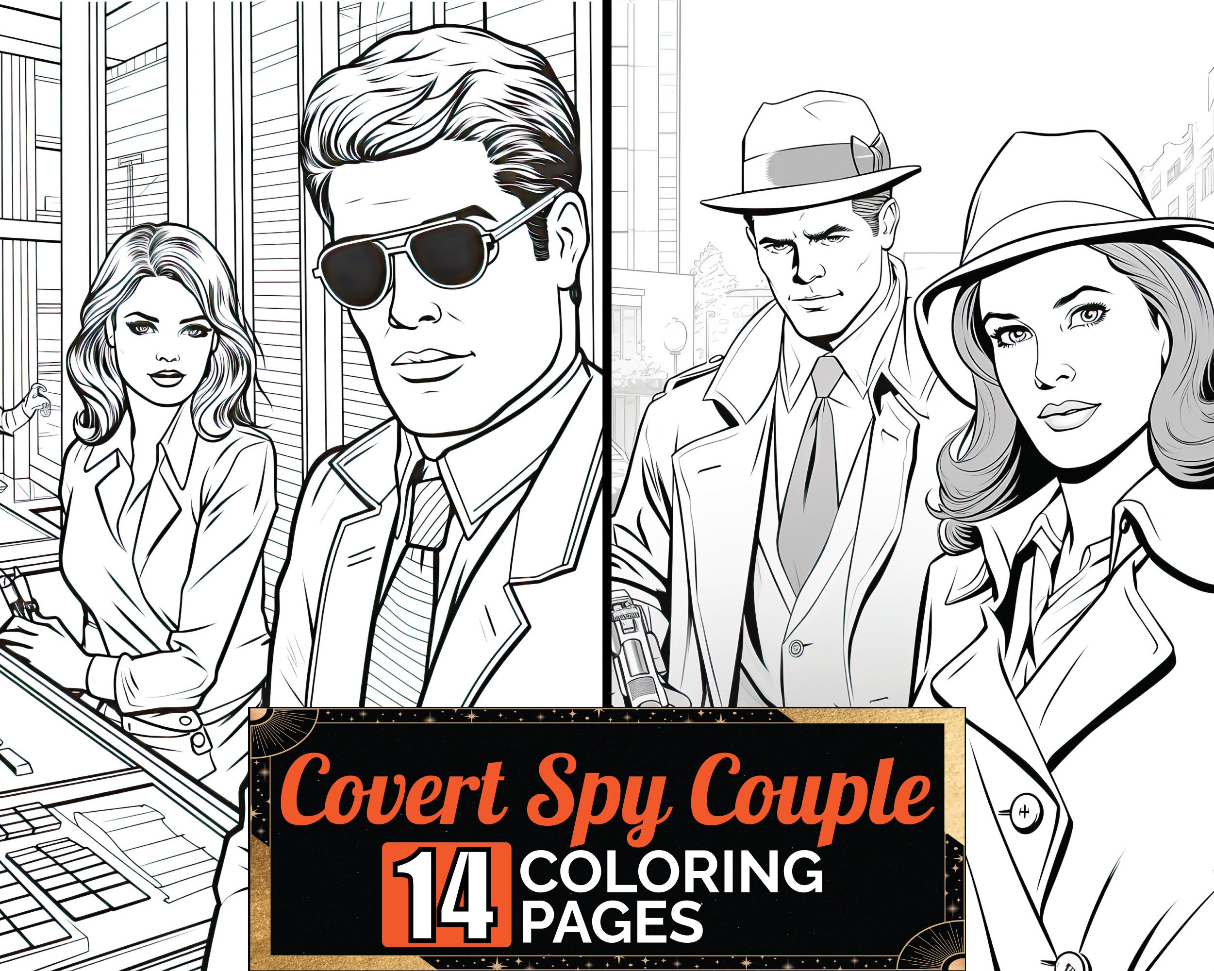 Covert Operation Spy Couple Coloring Book, 14 Detailed Greyscale Adult ...