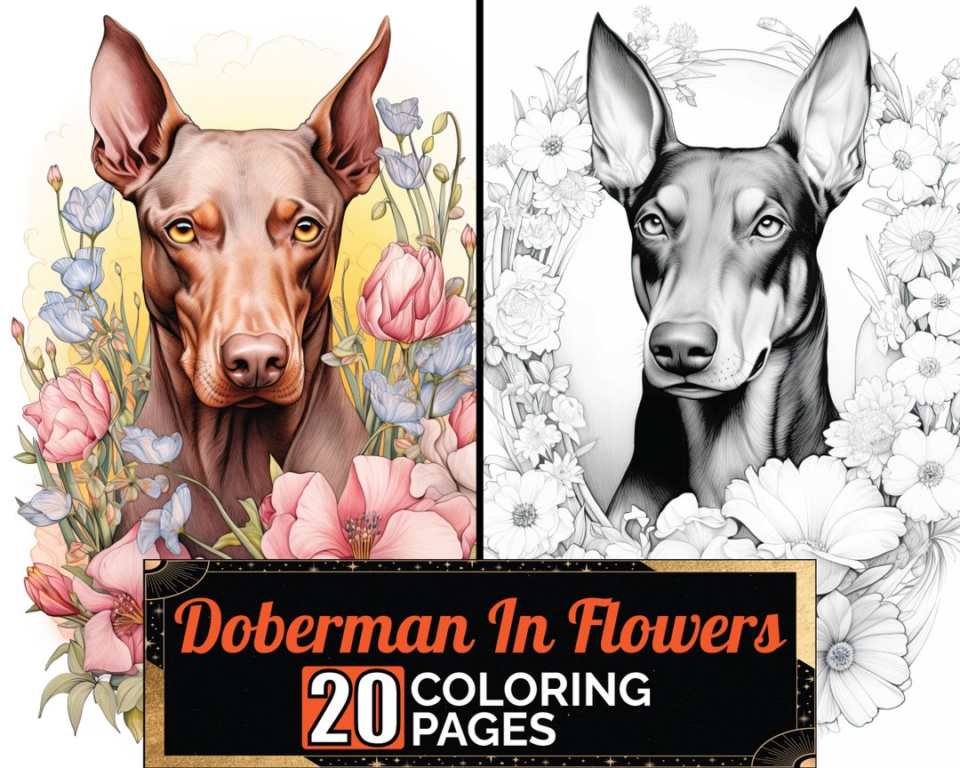 Doberman Pinschers in Flowers Coloring Pages, 20 Premium Coloring ...