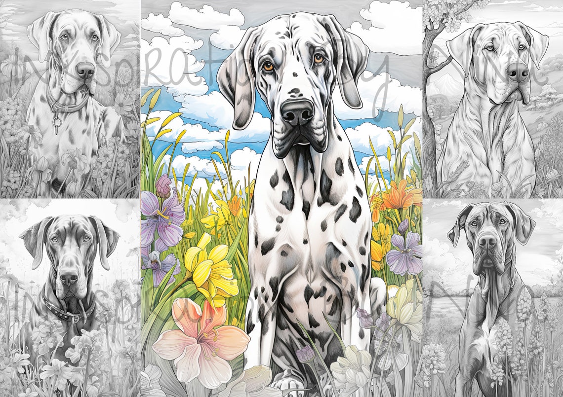 Great Dane Enjoying Outside Coloring Pages, 20 Premium Coloring Sheets ...