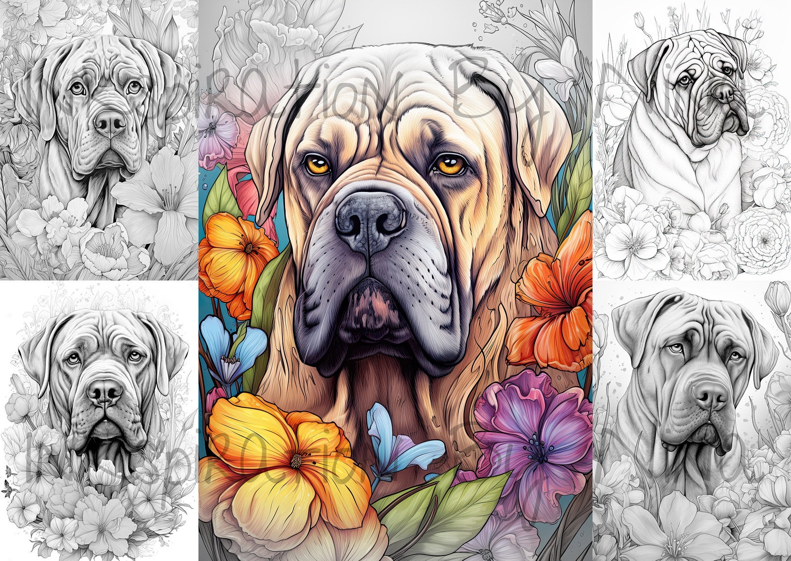 Mastiff Dog in Flowers Coloring Pages, 20 Premium Coloring Sheets ...
