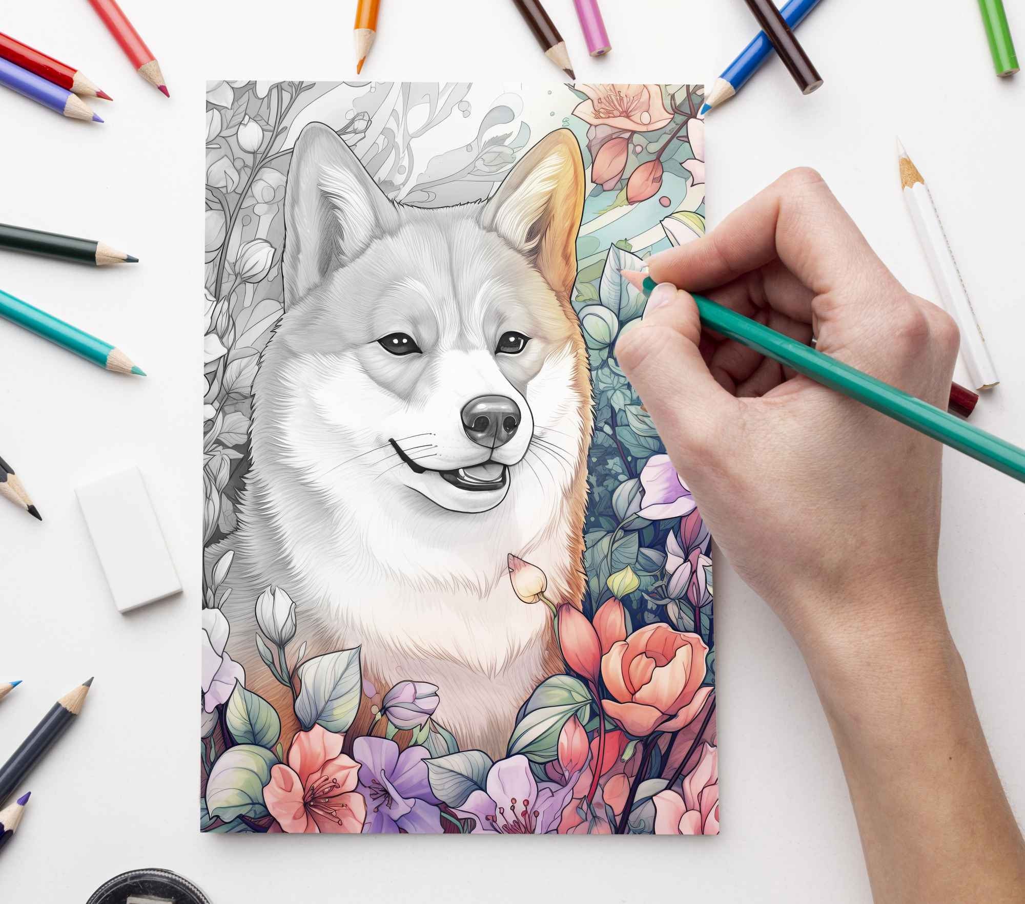 Shiba Inu Flowers Coloring Pages, 20 Premium Coloring Sheets, Coloring ...