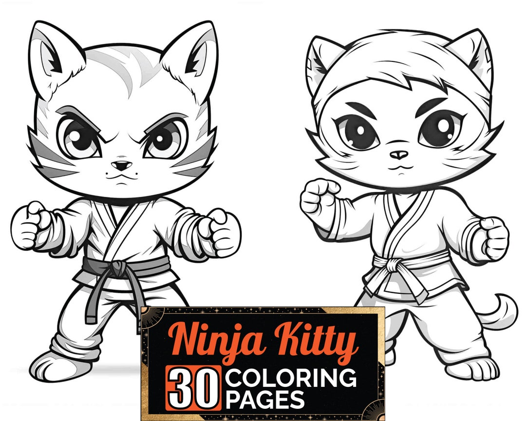 Ninja Kitty Coloring Book, 30 Detail Greyscale Adult & Kids Cute Cat ...