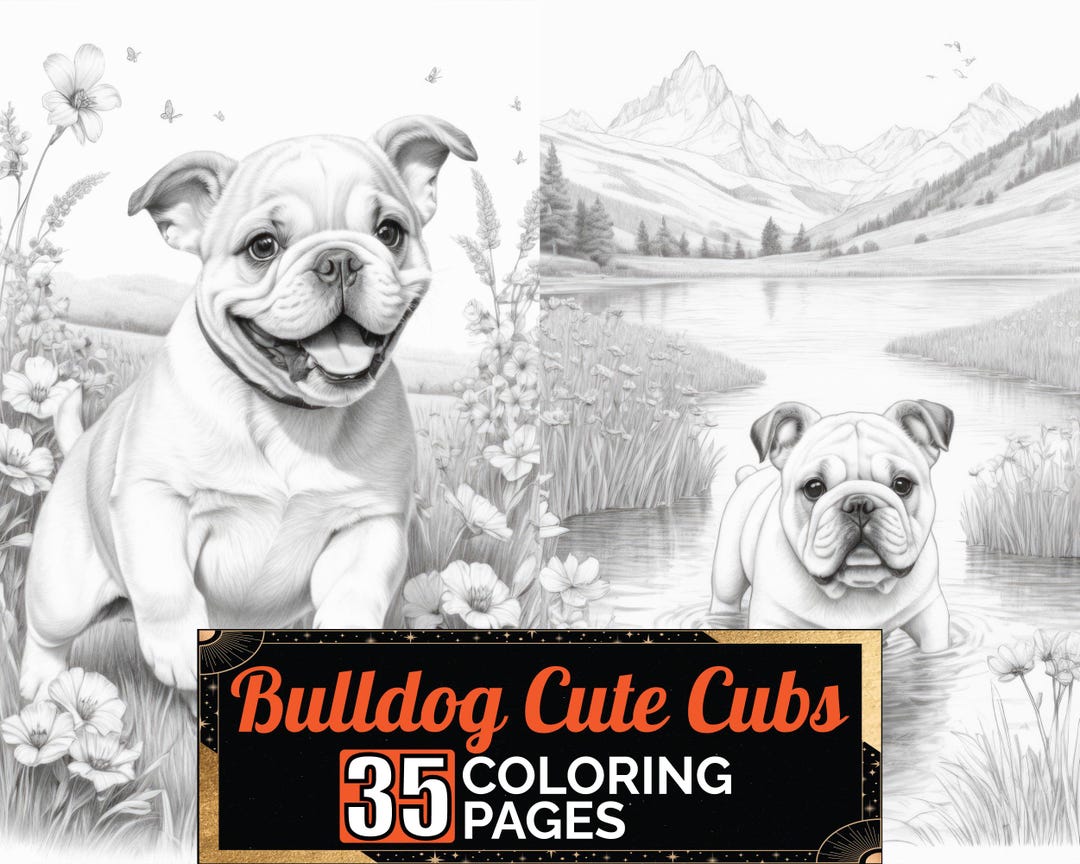 Bulldog Cute Baby Cubs Coloring Book | 35 Detailed Greyscale Adult ...