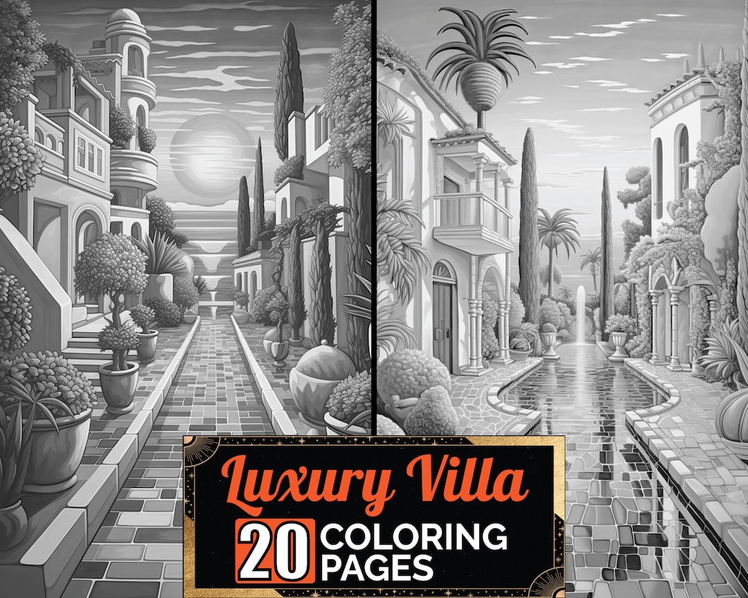 Luxury Pool Villa Coloring Book, 20 Detail Greyscale Adult & Kids ...