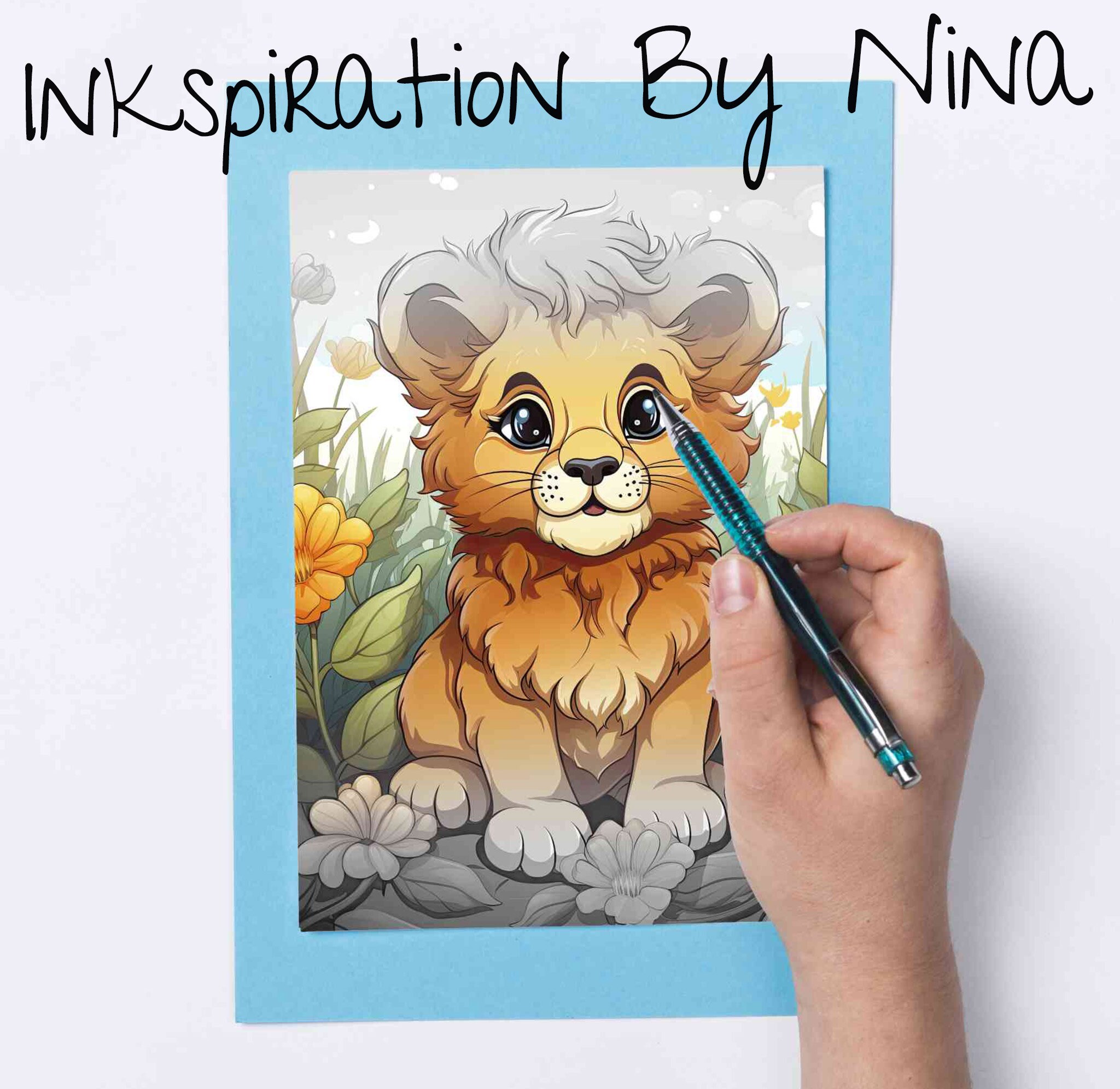 Cute Lion in Flowers Coloring Book, 20 Detail Greyscale Adult & Kids ...