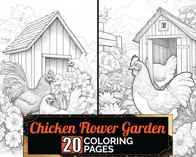 Wildflower Chicken Garden Coloring Book, 20 Detail Greyscale Adult ...
