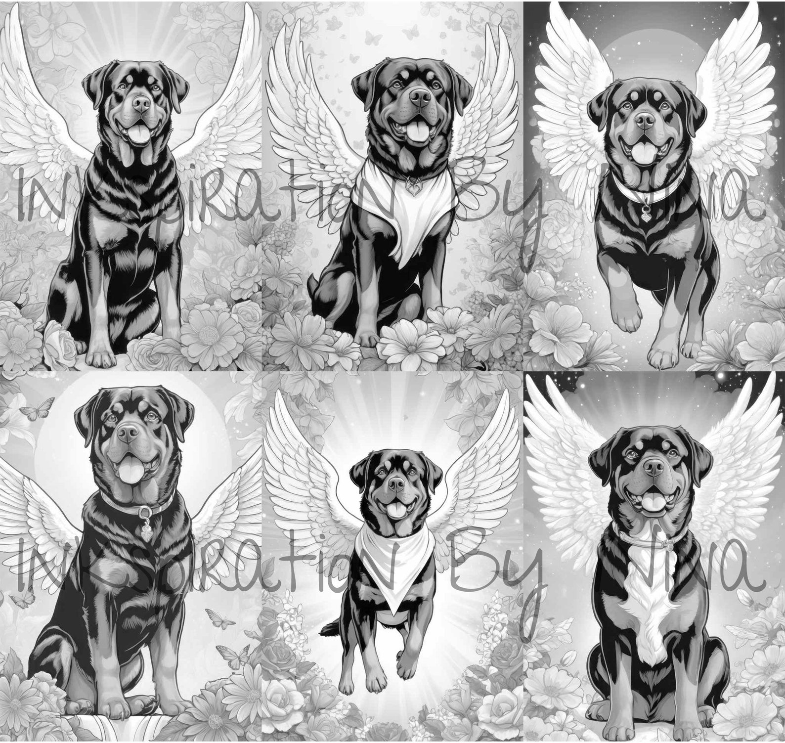Rottweiler Angel Coloring Book, 30 Detail Greyscale Adult & Kids Good ...