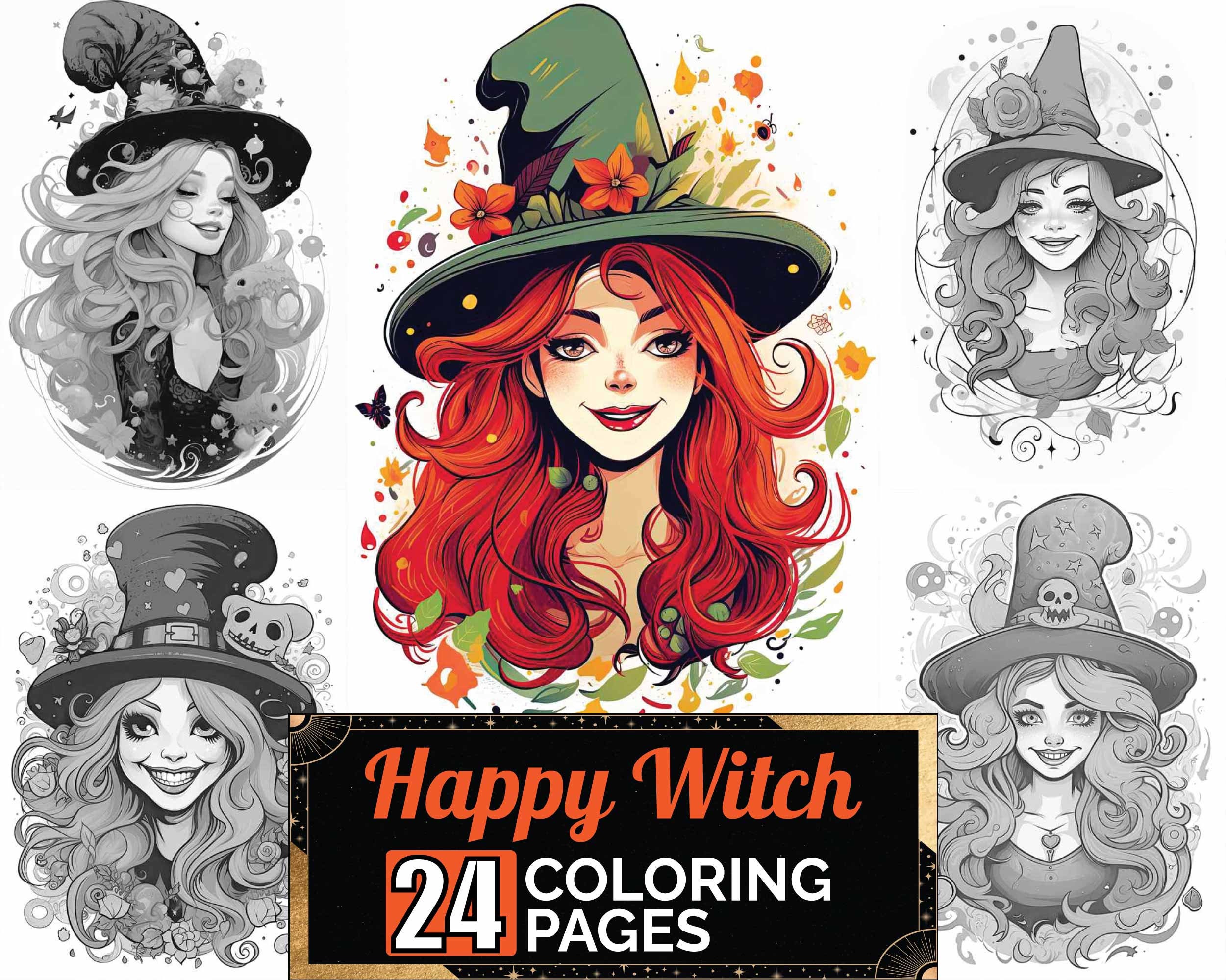 Happy Beautiful Witch Coloring Pages, 24 Premium Adult Kids Halloween ...