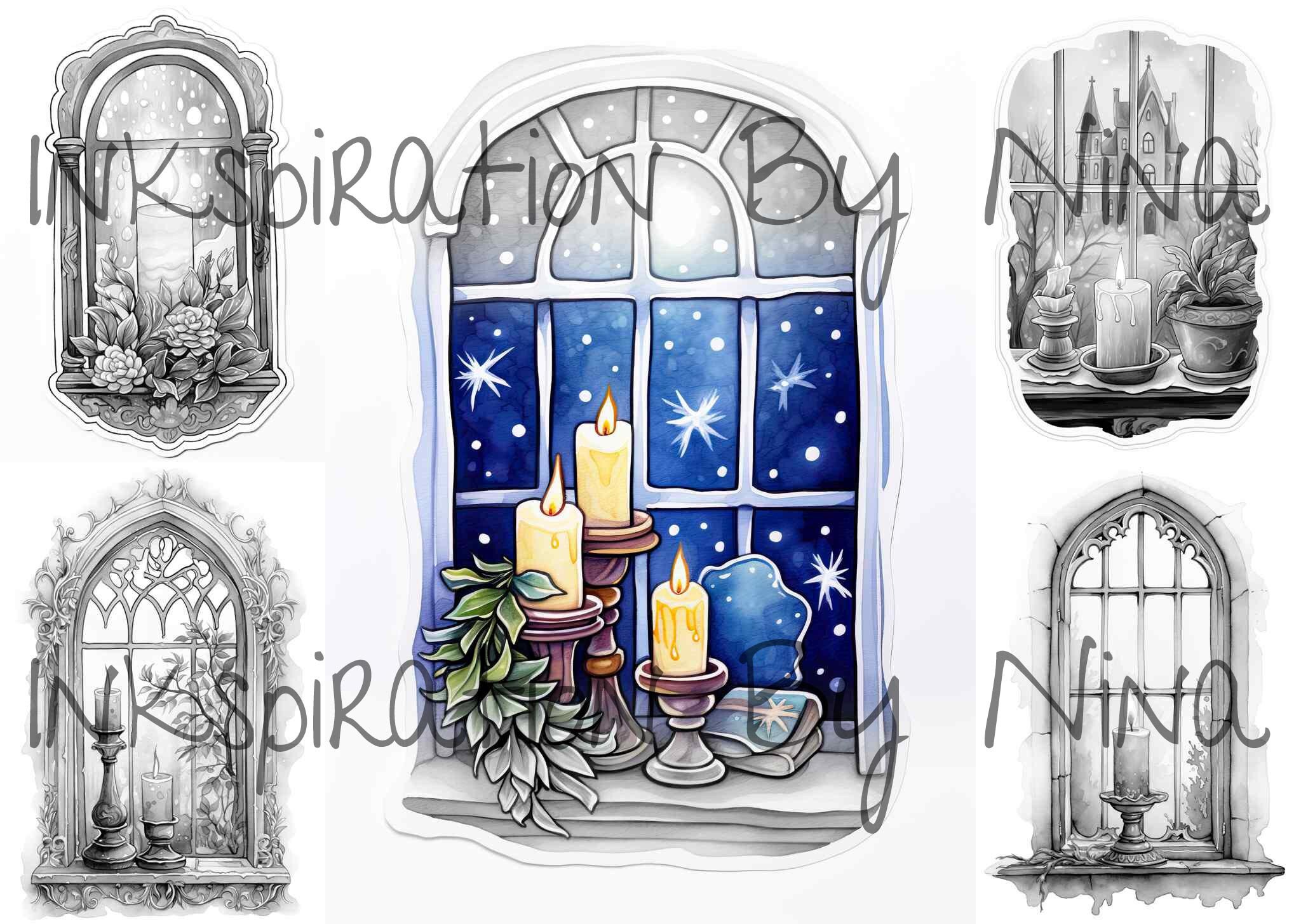 Gothic Candle Window Coloring Book, 20 Detail Greyscale Adult & Kids ...