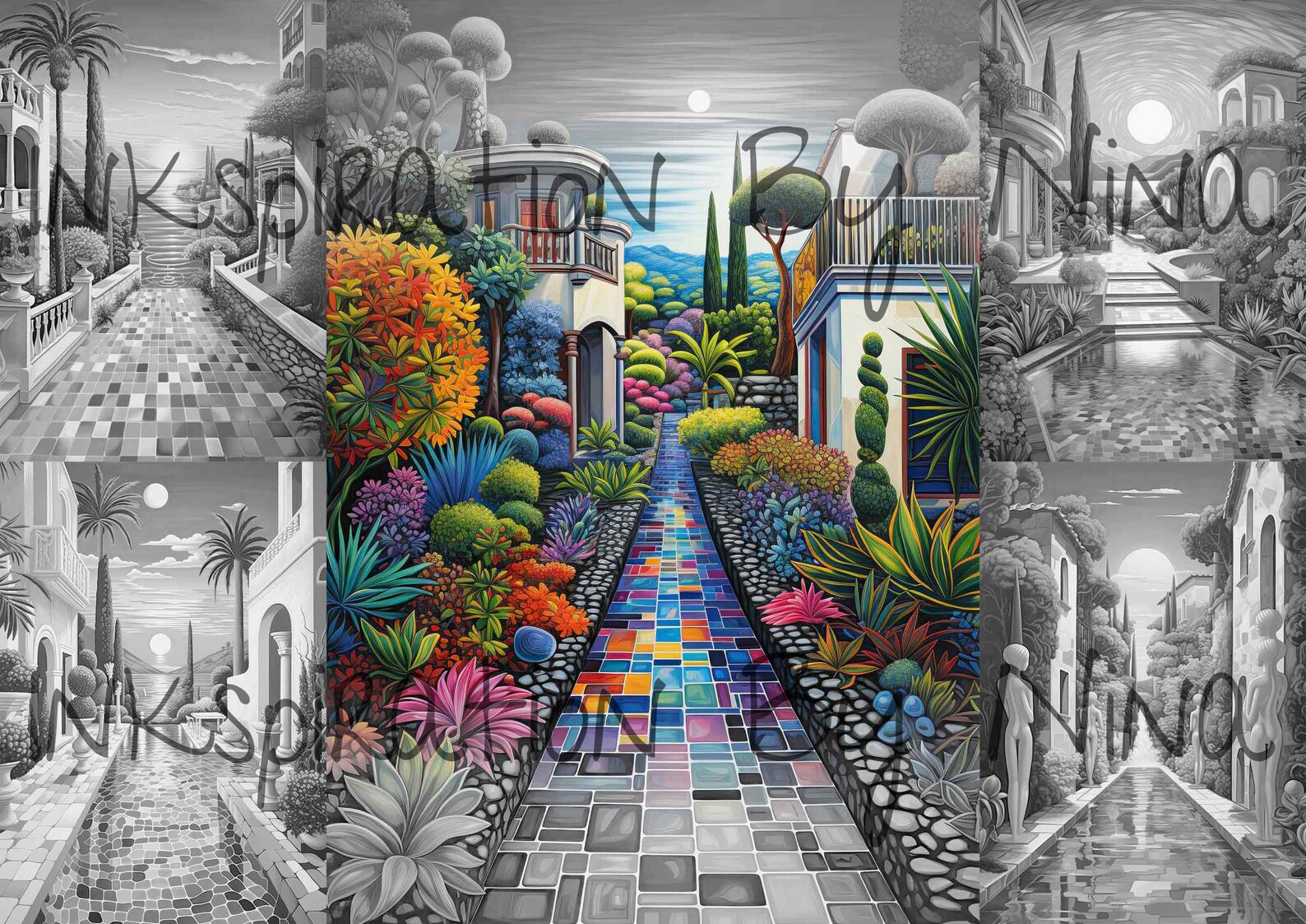 Luxury Pool Villa Coloring Book, 20 Detail Greyscale Adult & Kids ...