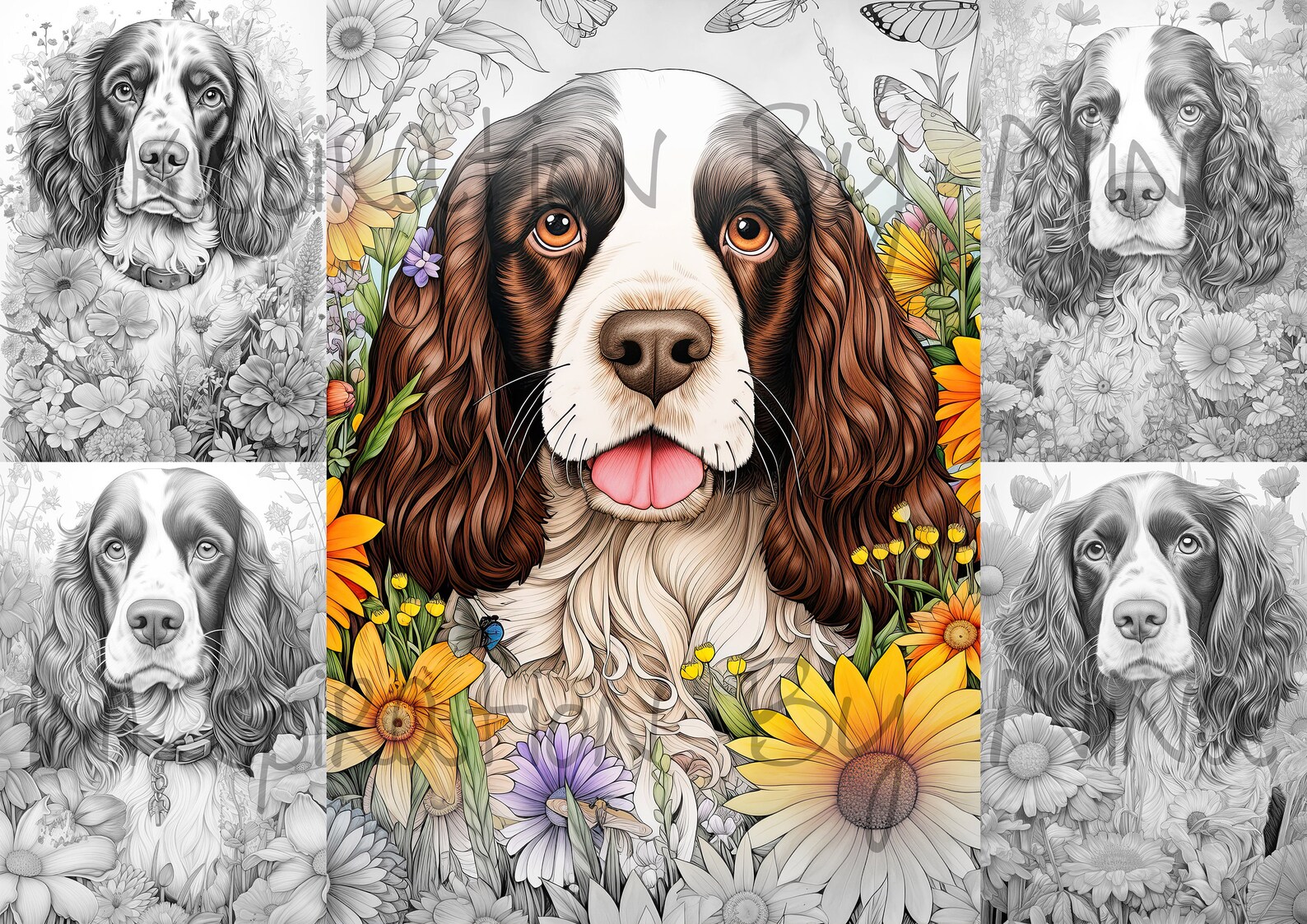 English Springer Spaniel Coloring Pages, 20 Premium Dog in Flowers ...