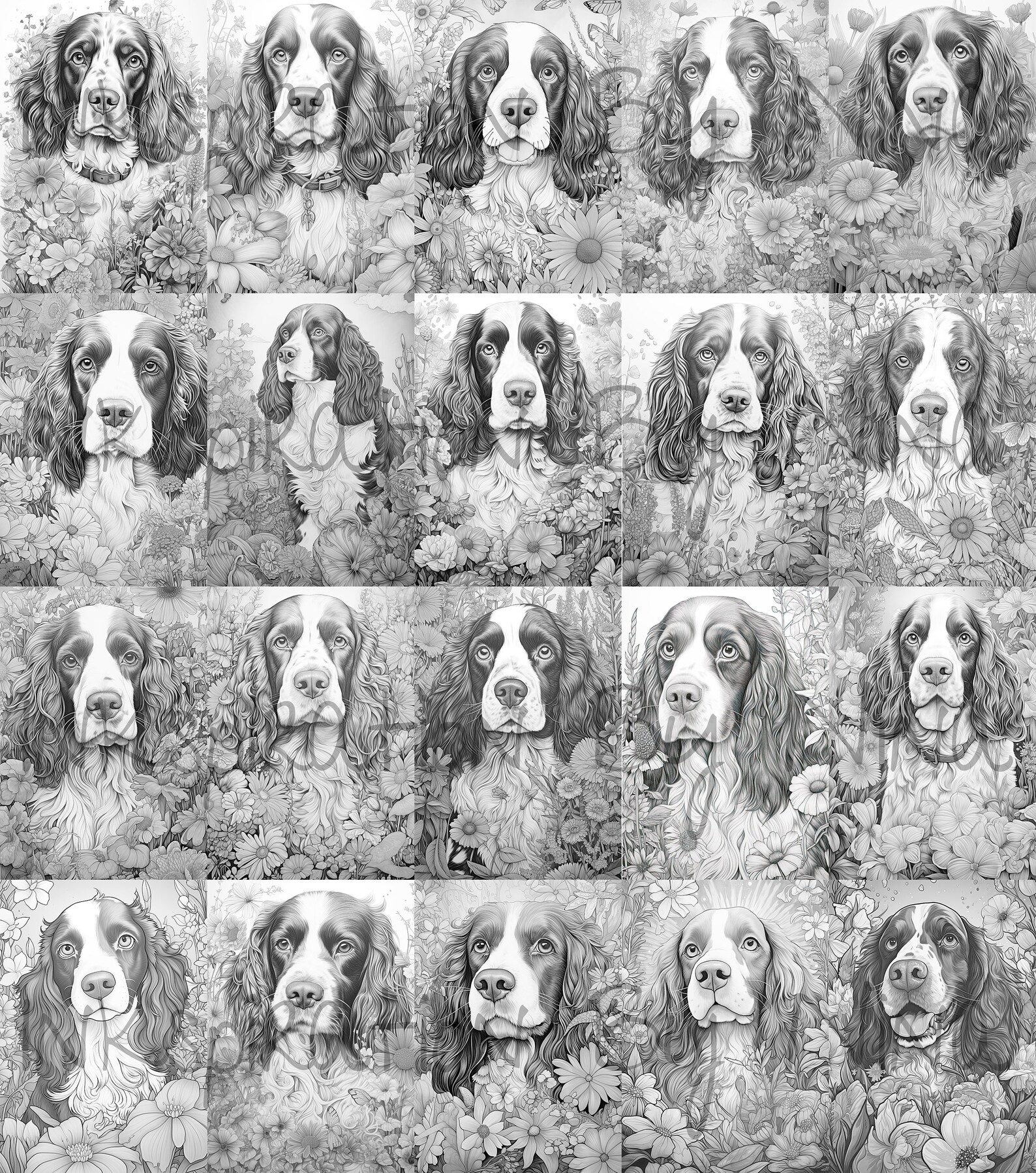 English Springer Spaniel Coloring Pages, 20 Premium Dog in Flowers ...
