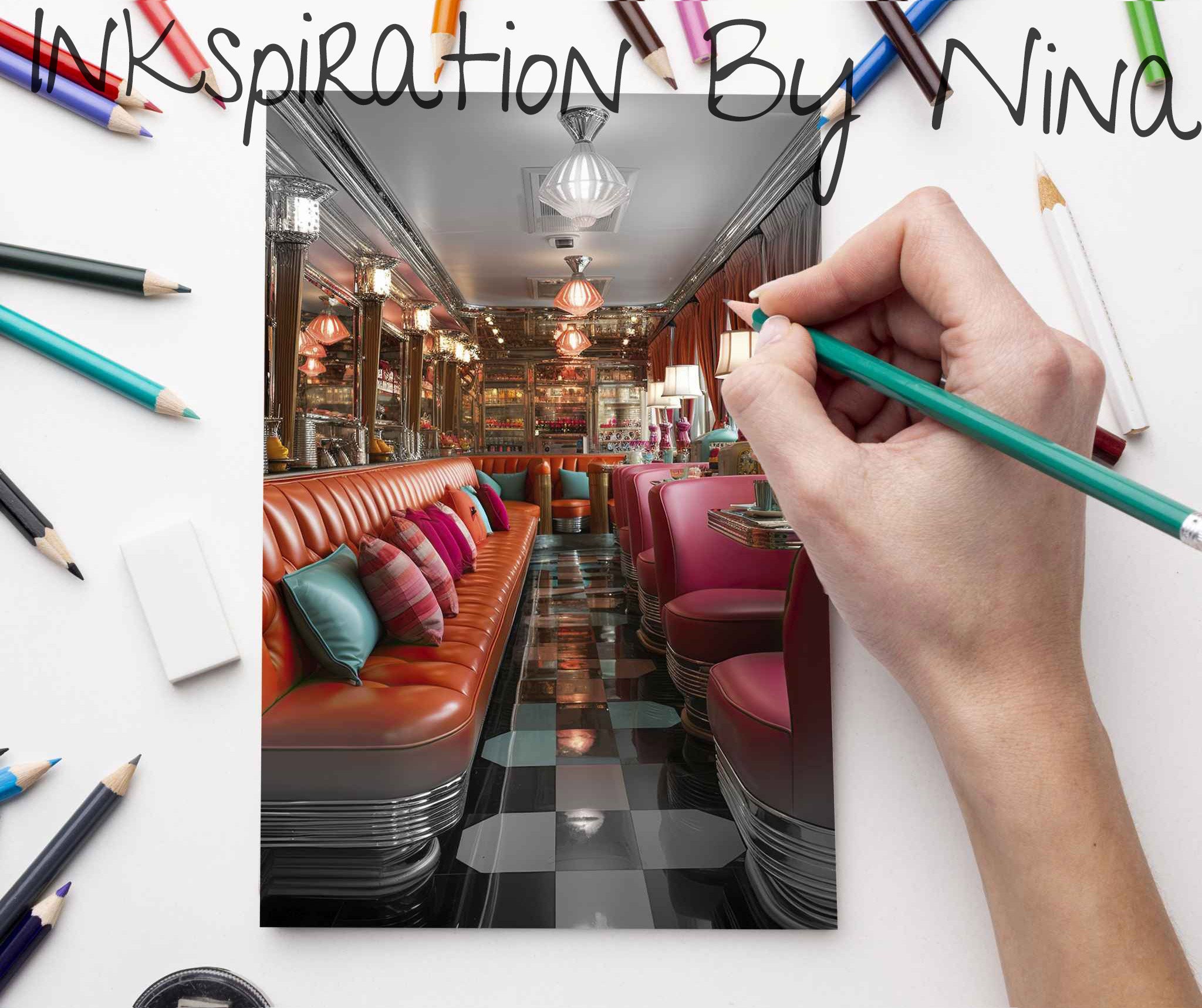 Retro American Diner Coloring Book 20 Detail Greyscale Adult - Etsy