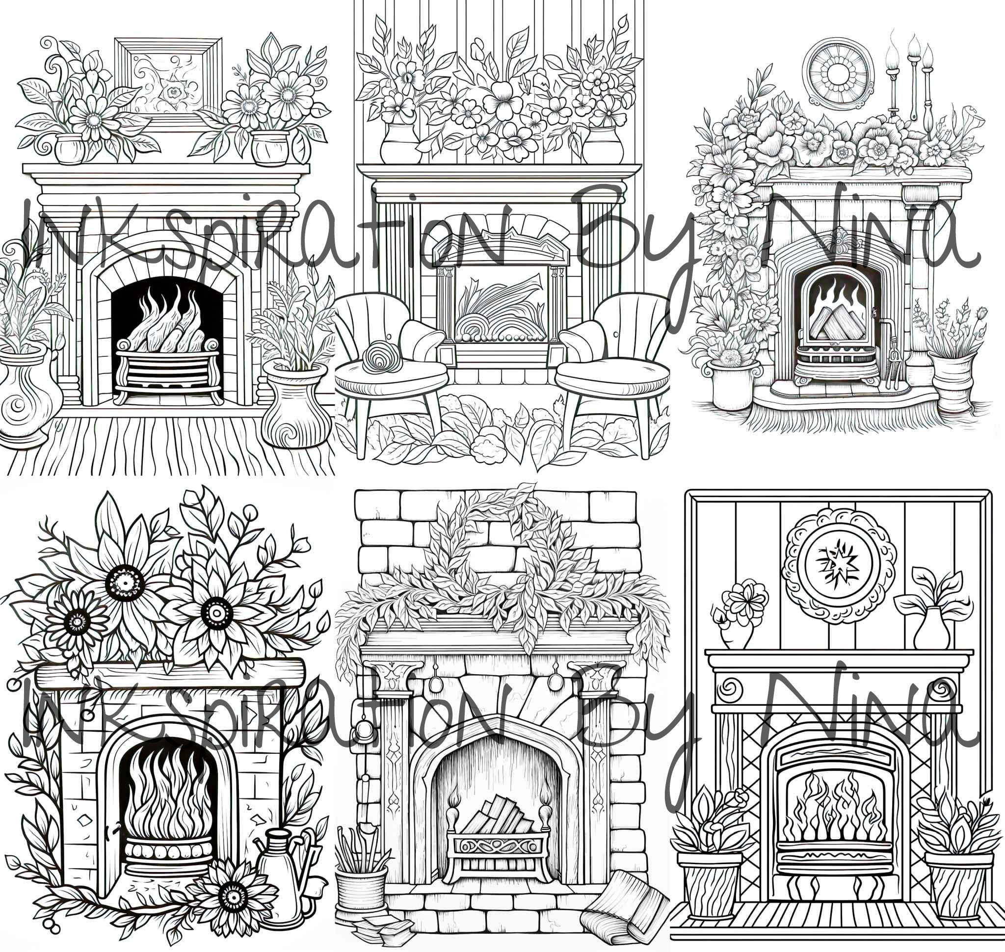 Zen Doodle Cottage Fireplace Coloring Book, 24 Detail Greyscale Adult ...