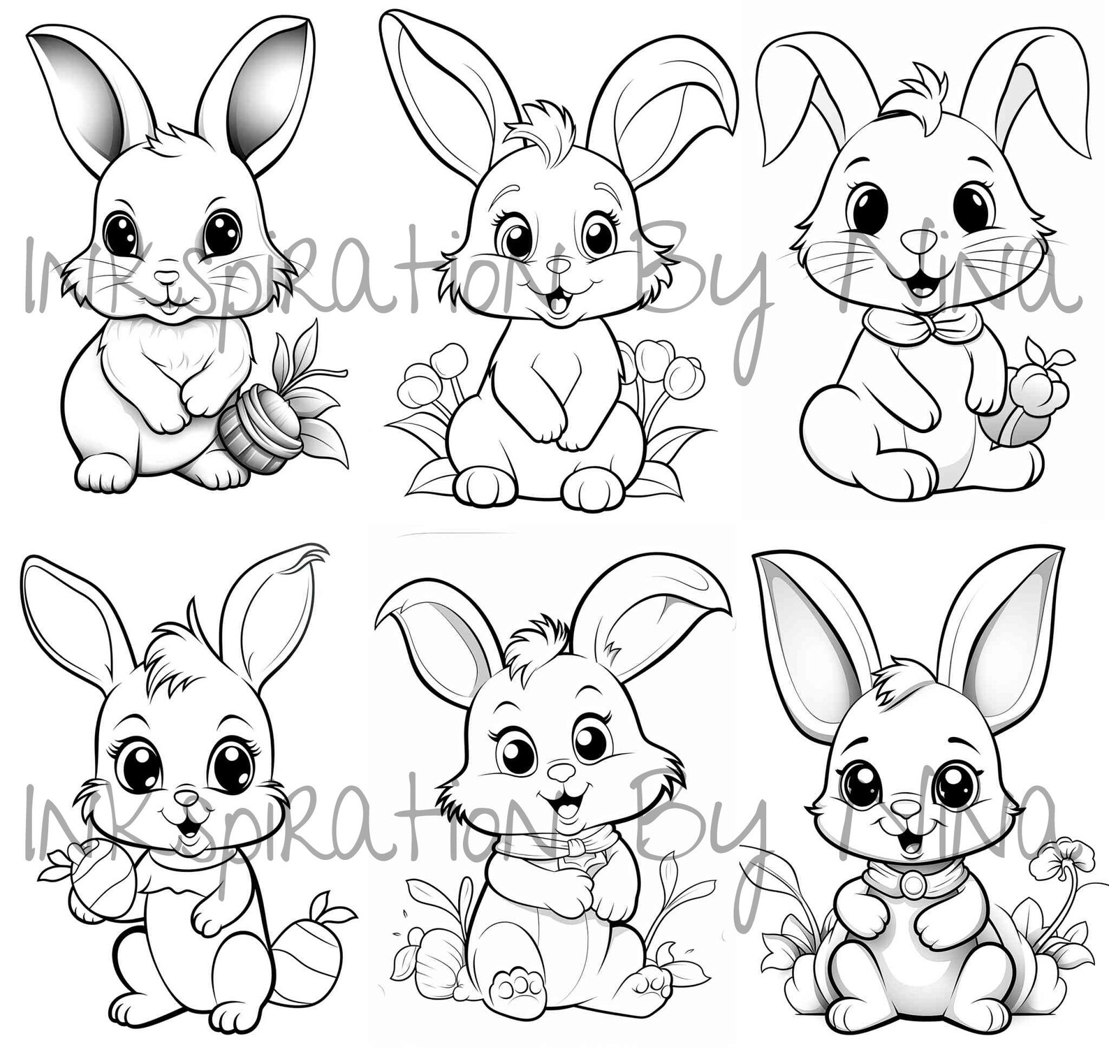 Cute Bunny Coloring Book, 30 Detail Greyscale Adult & Kids Rabbit ...