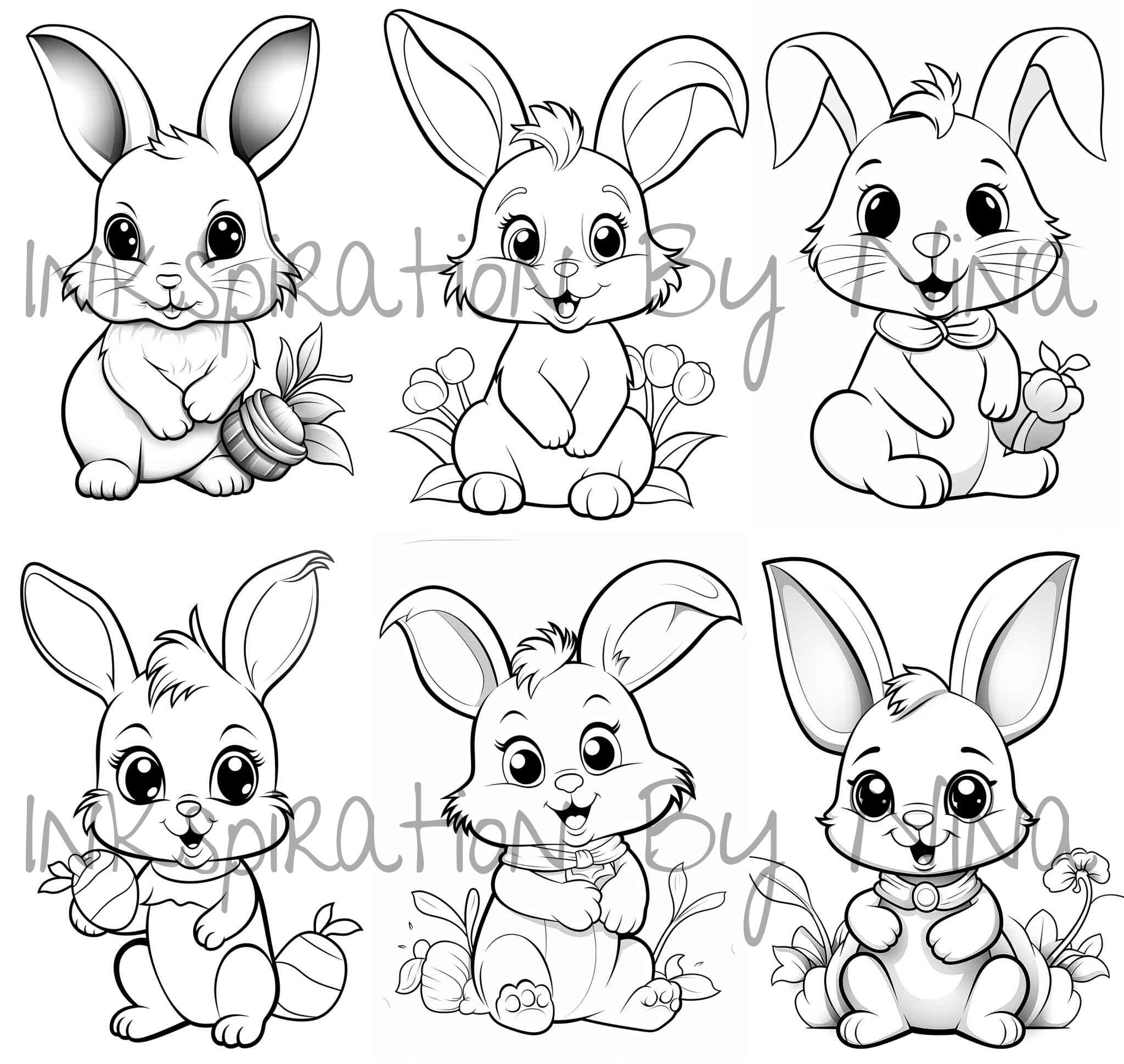 Cute Bunny Coloring Book, 30 Detail Greyscale Adult & Kids Rabbit ...