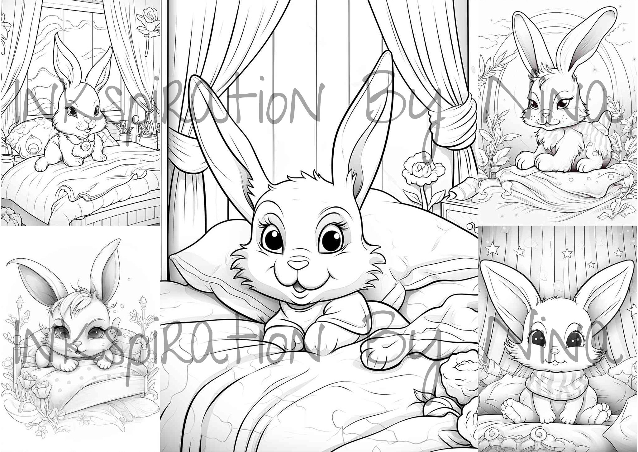 Sleepy Rabbit in Bed Coloring Book, 21 Detail Greyscale Adult & Kids ...