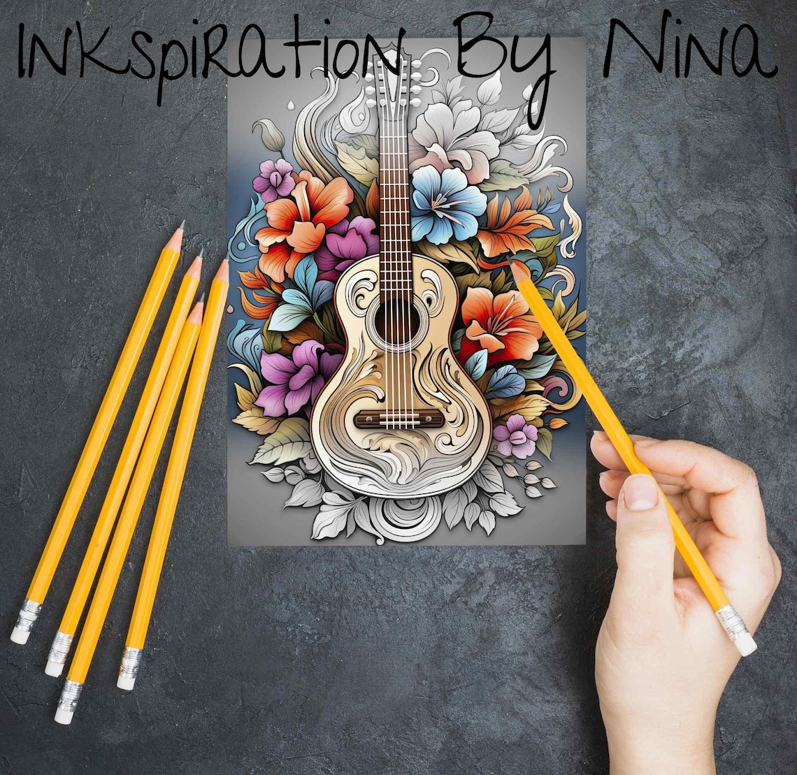 Cool Acoustic Flower Guitar Coloring Book, 20 Greyscale Adult & Kids ...
