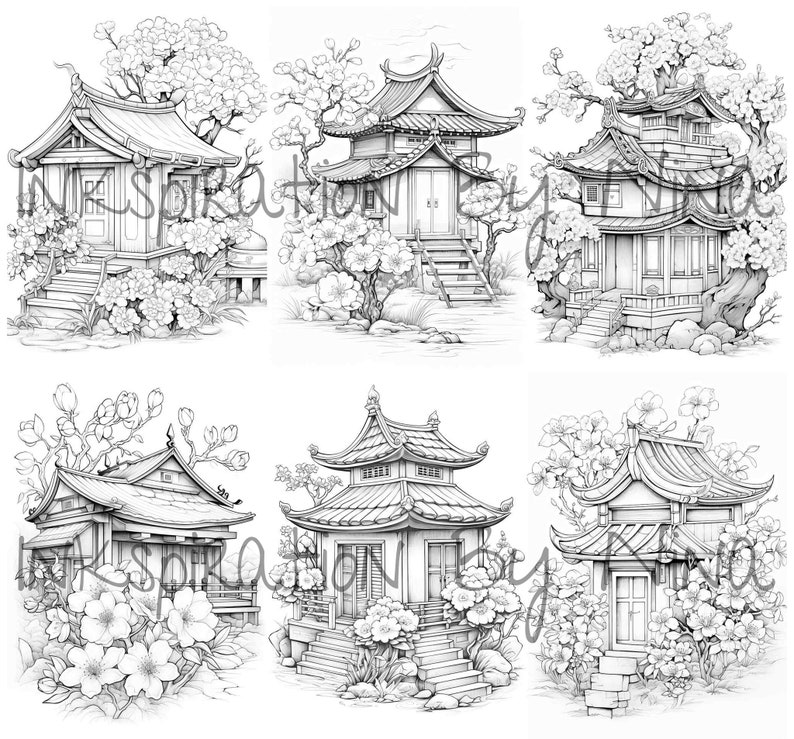 Small Chinese Garden House Coloring Book, 18 Detail Greyscale Adult ...