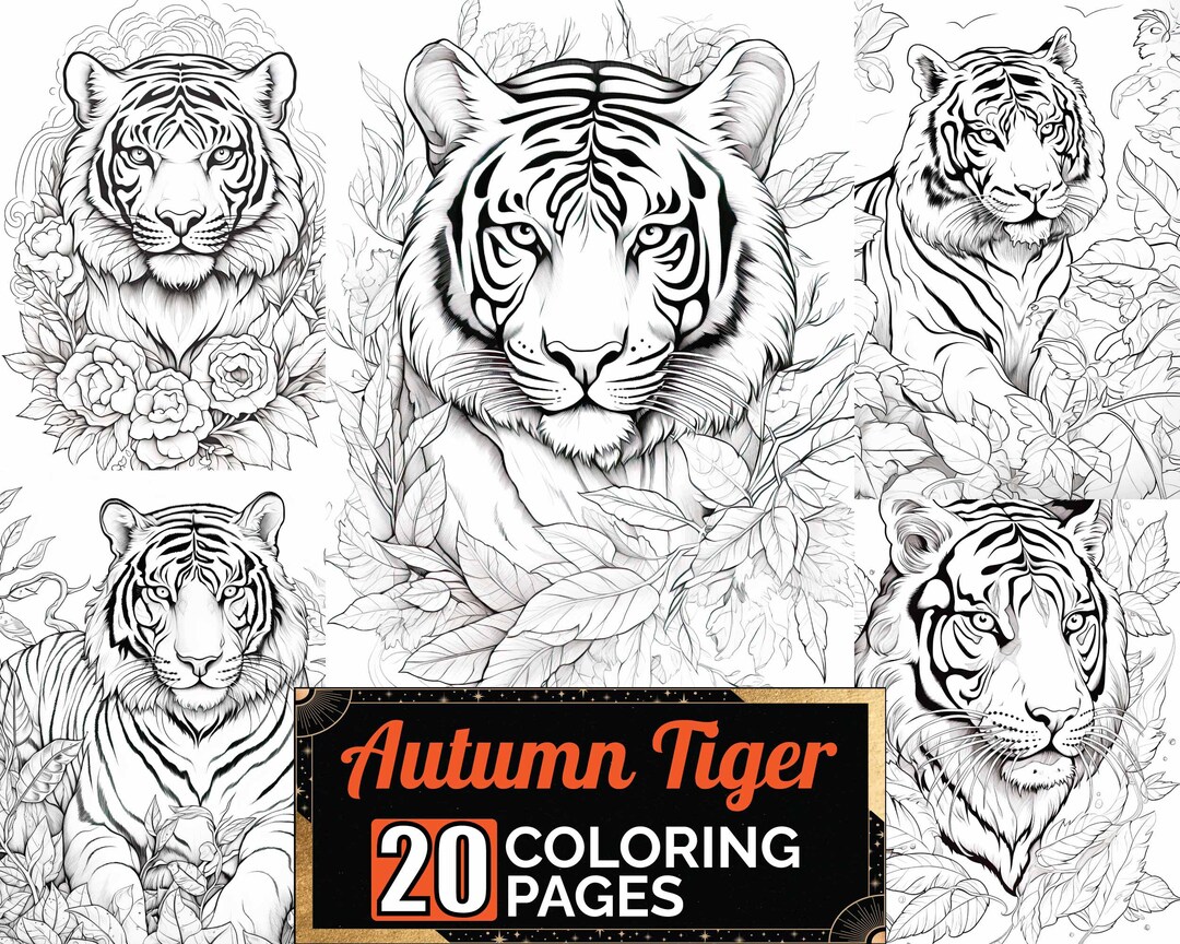 Autumn Leaves Tiger Coloring Pages, 20 Premium Adult Coloring Sheets ...