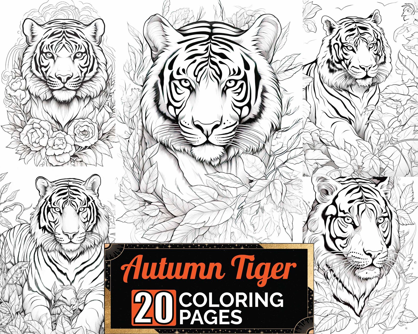Autumn Leaves Tiger Coloring Pages, 20 Premium Adult Coloring Sheets ...