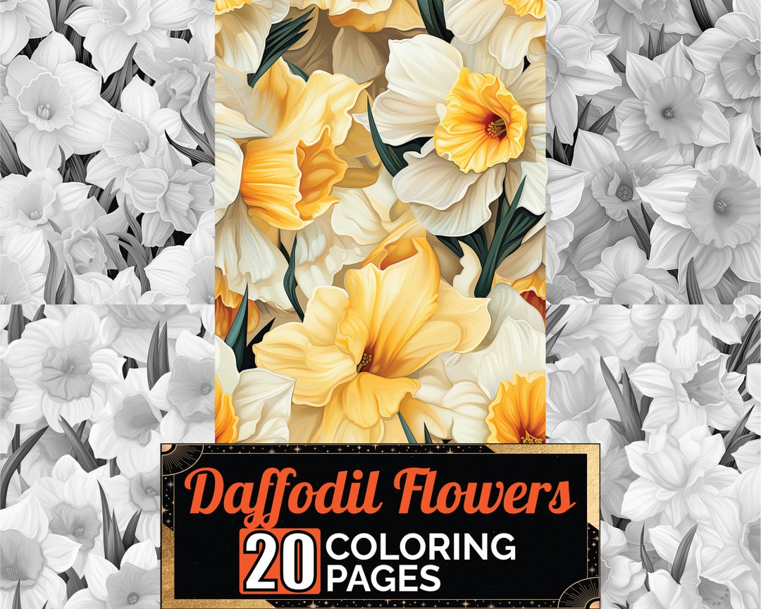 Daffodil Flowers Coloring Book, 20 Detail Floral Greyscale Adult & Kids ...