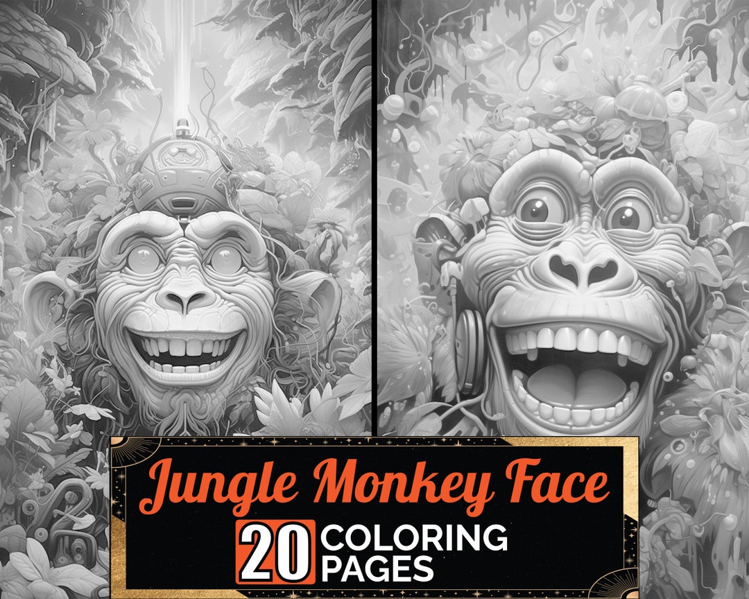 Psychedelic Jungle Monkey Face Coloring Book, 20 Detail Greyscale Adult ...