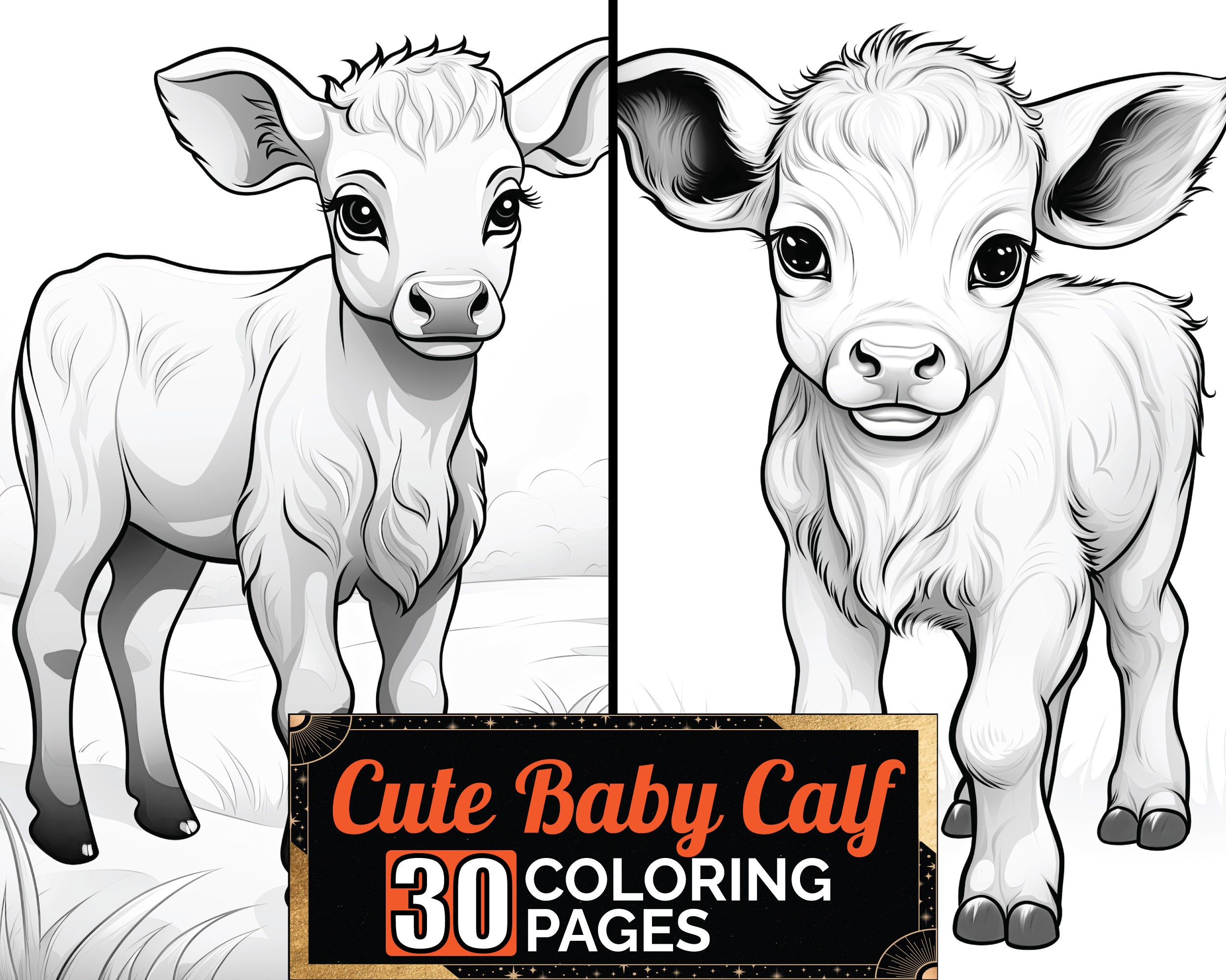 Cute Baby Calf Coloring Book, 30 Detail Greyscale Adult & Kids Cow ...