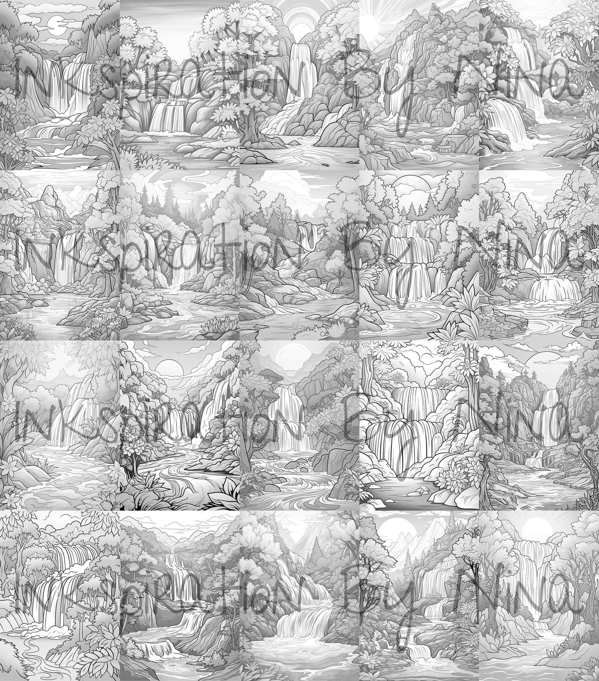 Colorful Forest Tree Waterfall Coloring Book, 20 Detail Greyscale Adult ...