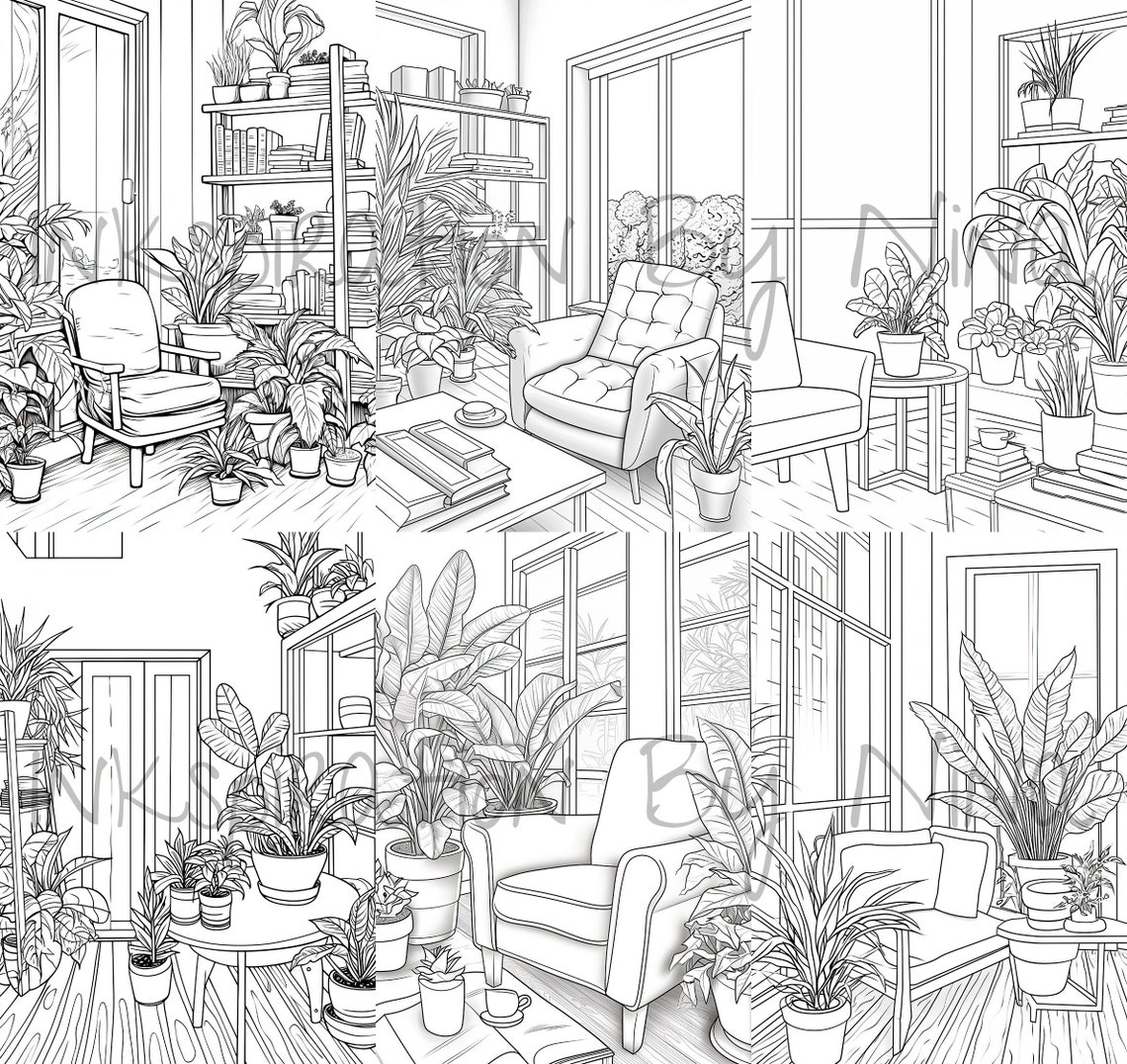 Cozy Home Interior Line Art Coloring Pages, 24 Premium Coloring Sheets ...