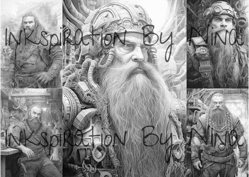 Dwarf Bearded Inventor Engineer Coloring Book, 22 Detail Greyscale ...