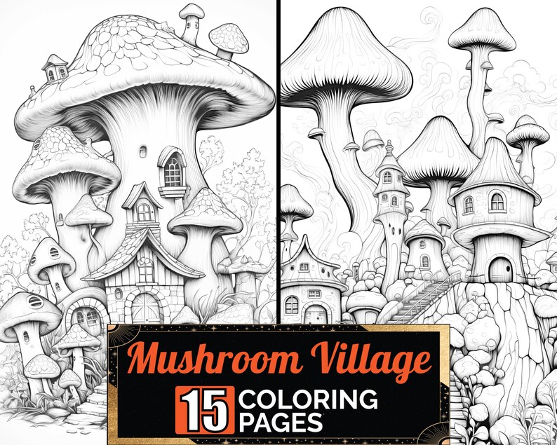 Magical Mushroom Village Coloring Book, 15 Detail Greyscale Adult ...