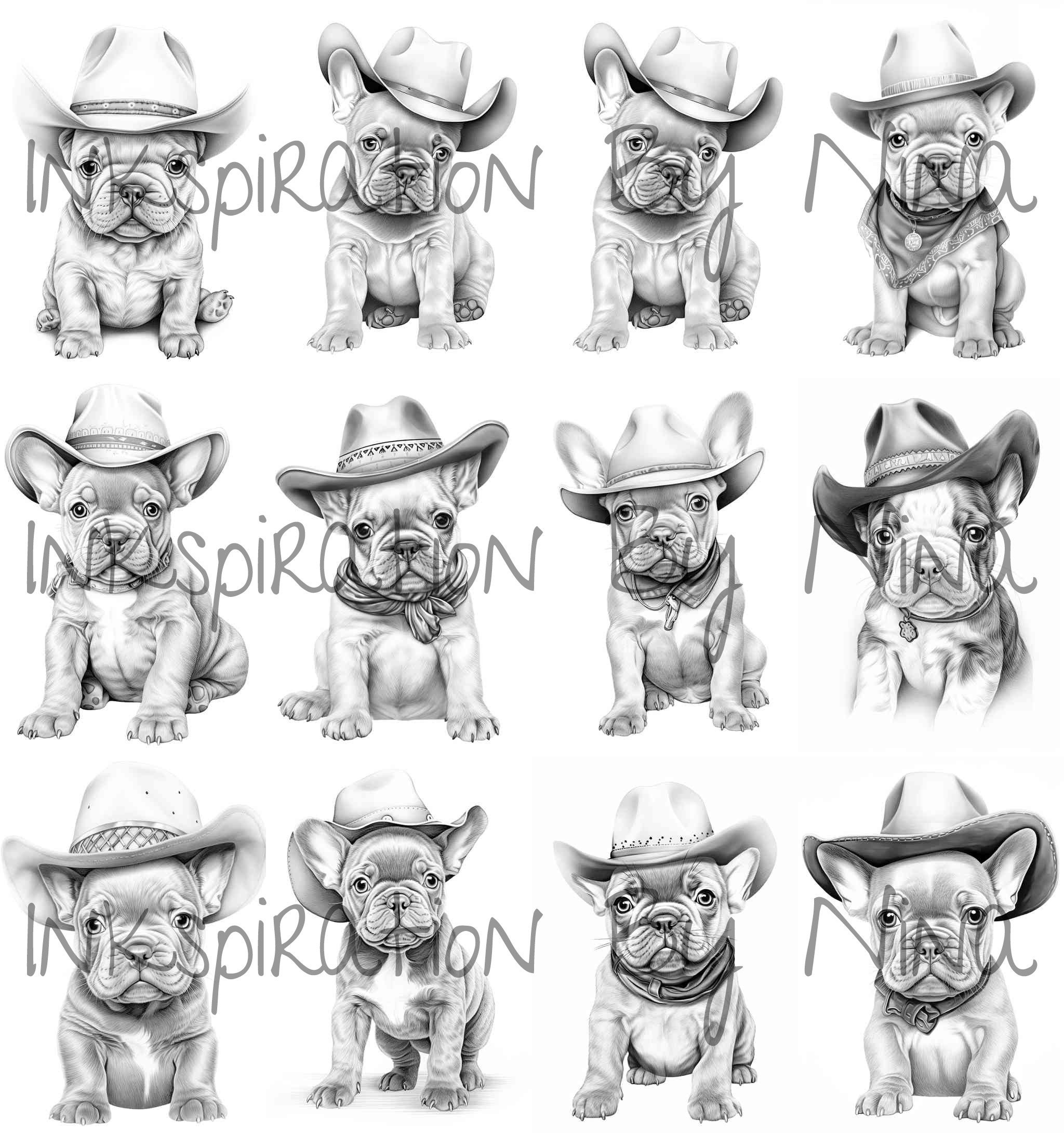 Cowboy Hat French Bulldog Pup Coloring Book, 12 Detail Greyscale Adult ...
