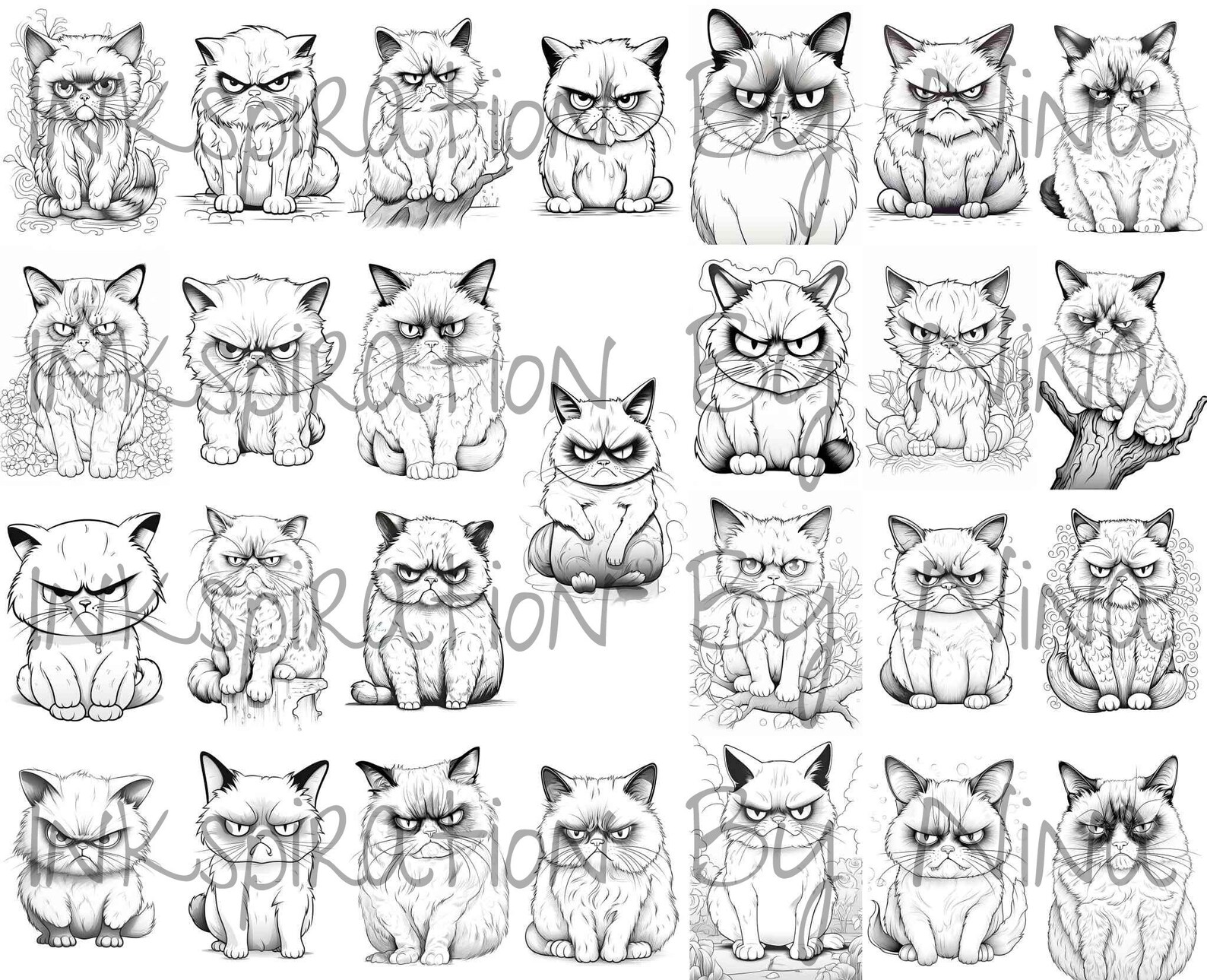 Cute Grumpy Cat Coloring Book, 30 Detail Greyscale Adult & Kids Cat ...