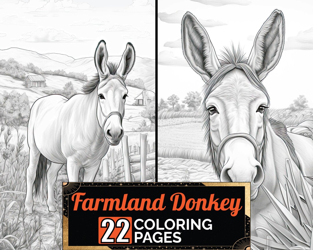 Farmland Donkey Coloring Book, 22 Greyscale Adult & Kids Farm Animal ...