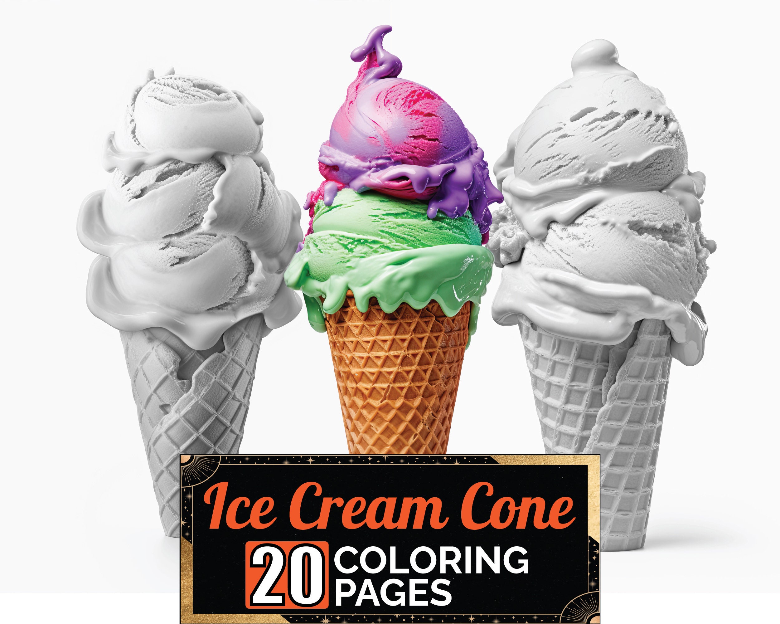 Ice Cream Cone Coloring Book, 20 Detail Greyscale Adult & Kids Food ...