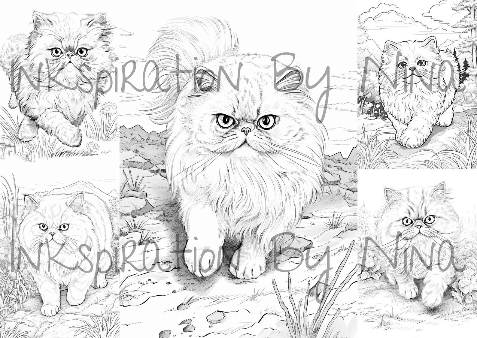 Persian Cat Running Coloring Book 20 Detail Greyscale Adult & - Etsy