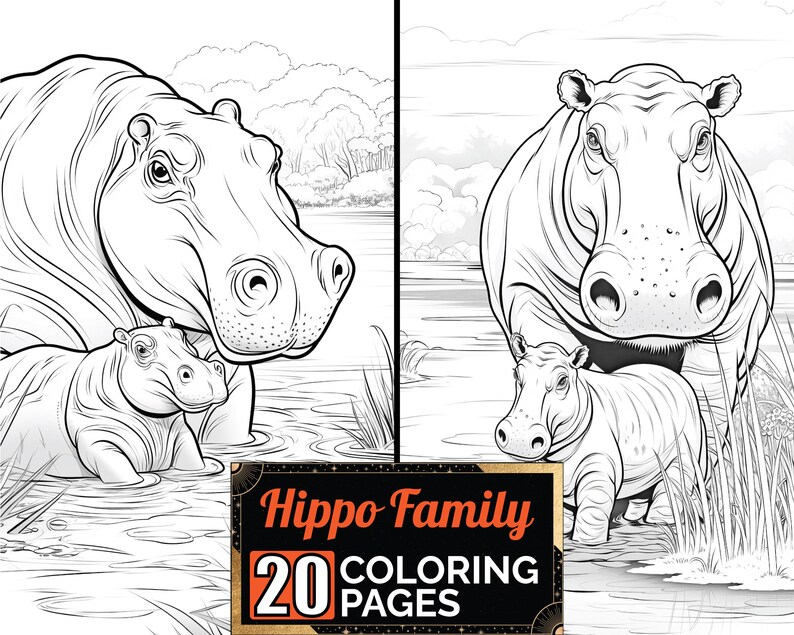 Hippopotamus Mother With Baby Coloring Book, 20 Premium Hippo Family ...