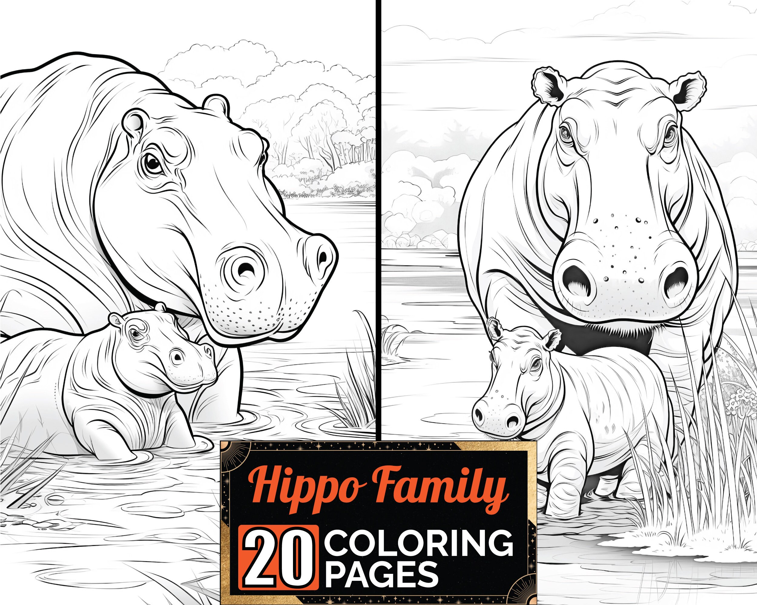 Hippopotamus Mother With Baby Coloring Book, 20 Premium Hippo Family ...