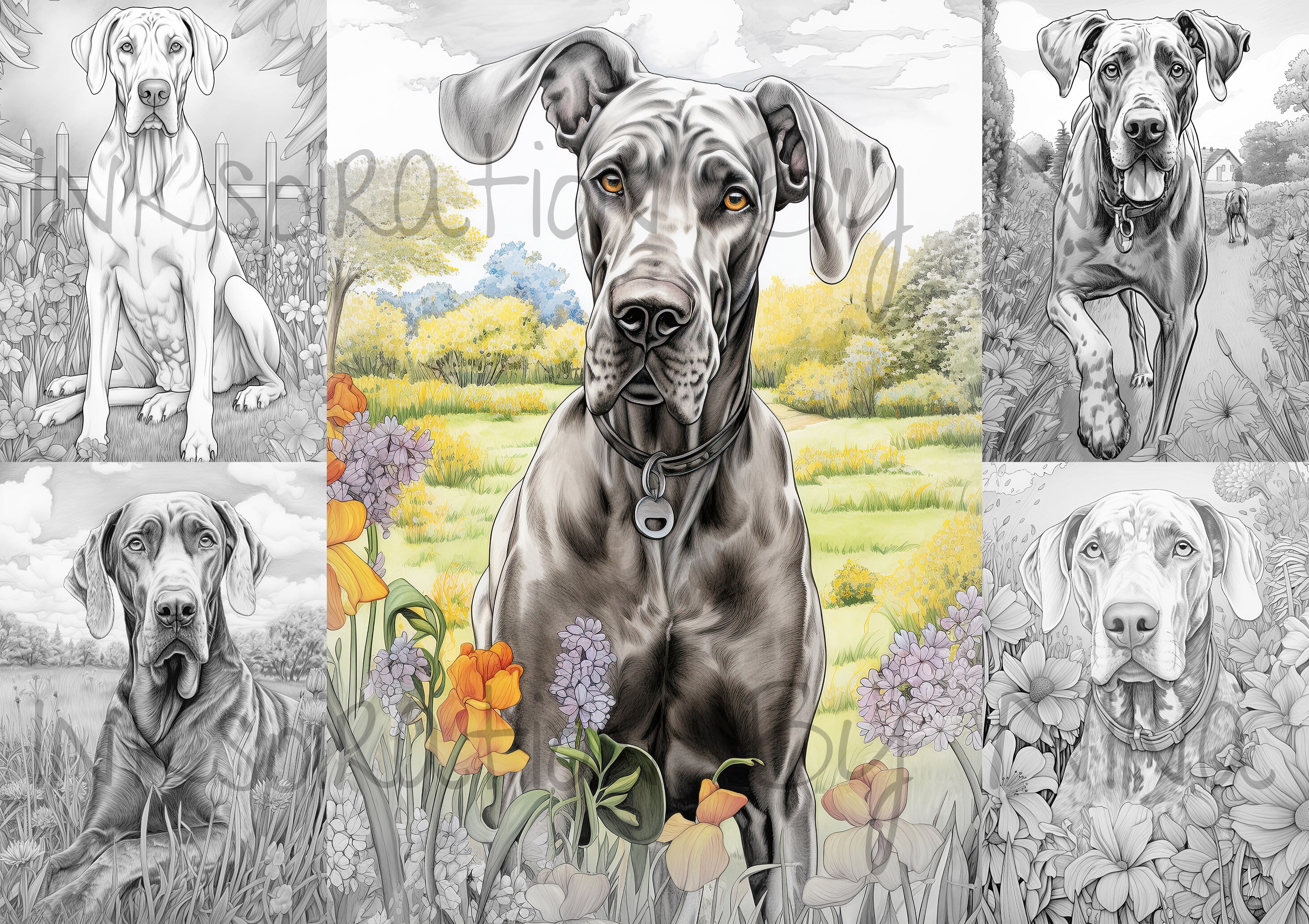 Great Dane Enjoying Outside Coloring Pages, 20 Premium Coloring Sheets ...