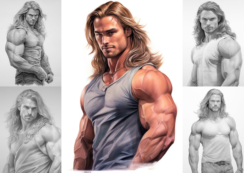 Muscular Long Haired Man Coloring Pages, 20 Premium Coloring Sheets ...